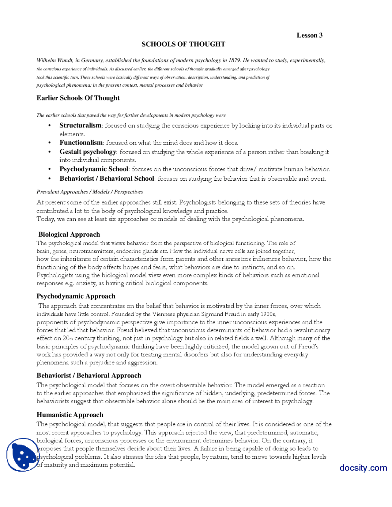 School Of Thoughts Introduction To Psycology Lecture Handout
