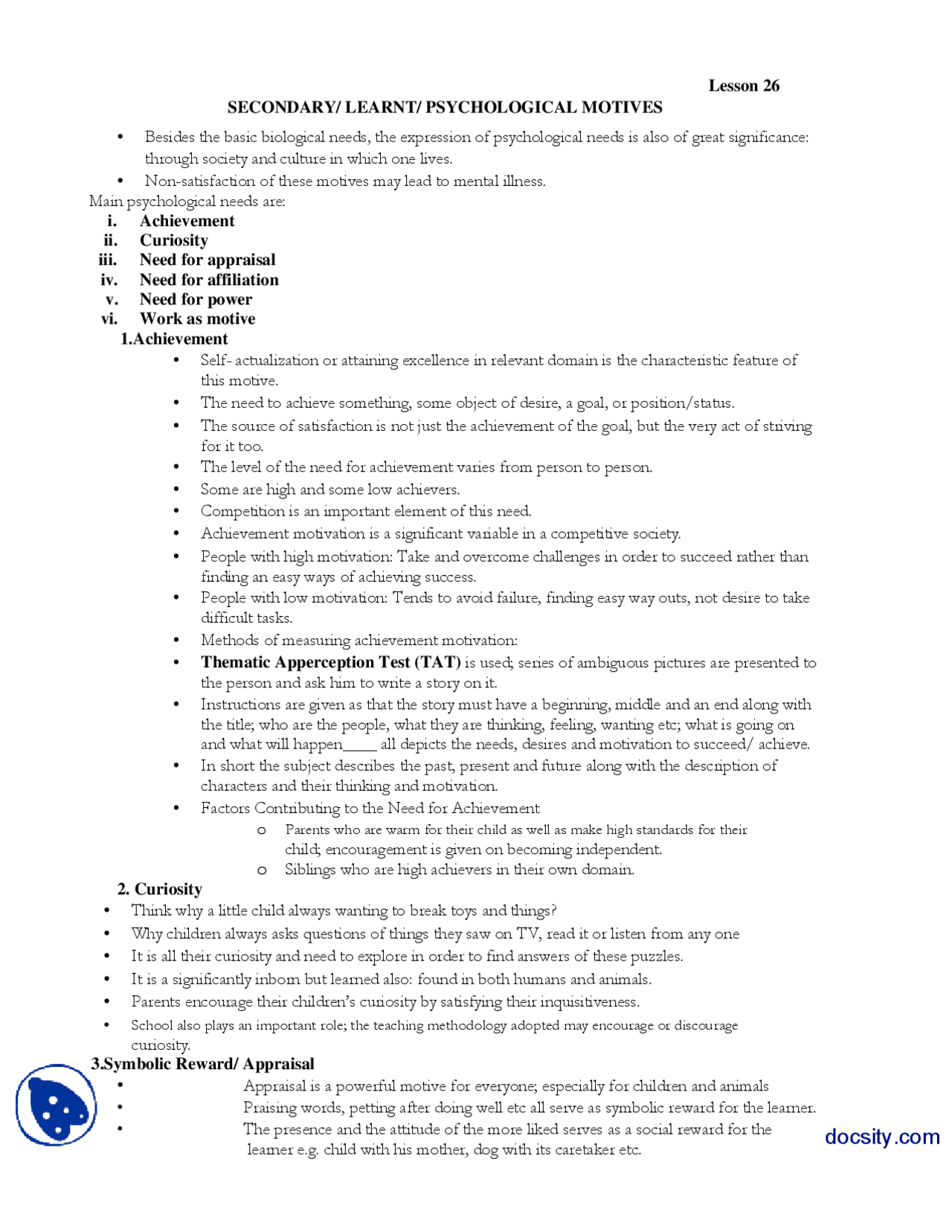 Psychological Motives-Introduction to Psycology-Lecture Handout ...