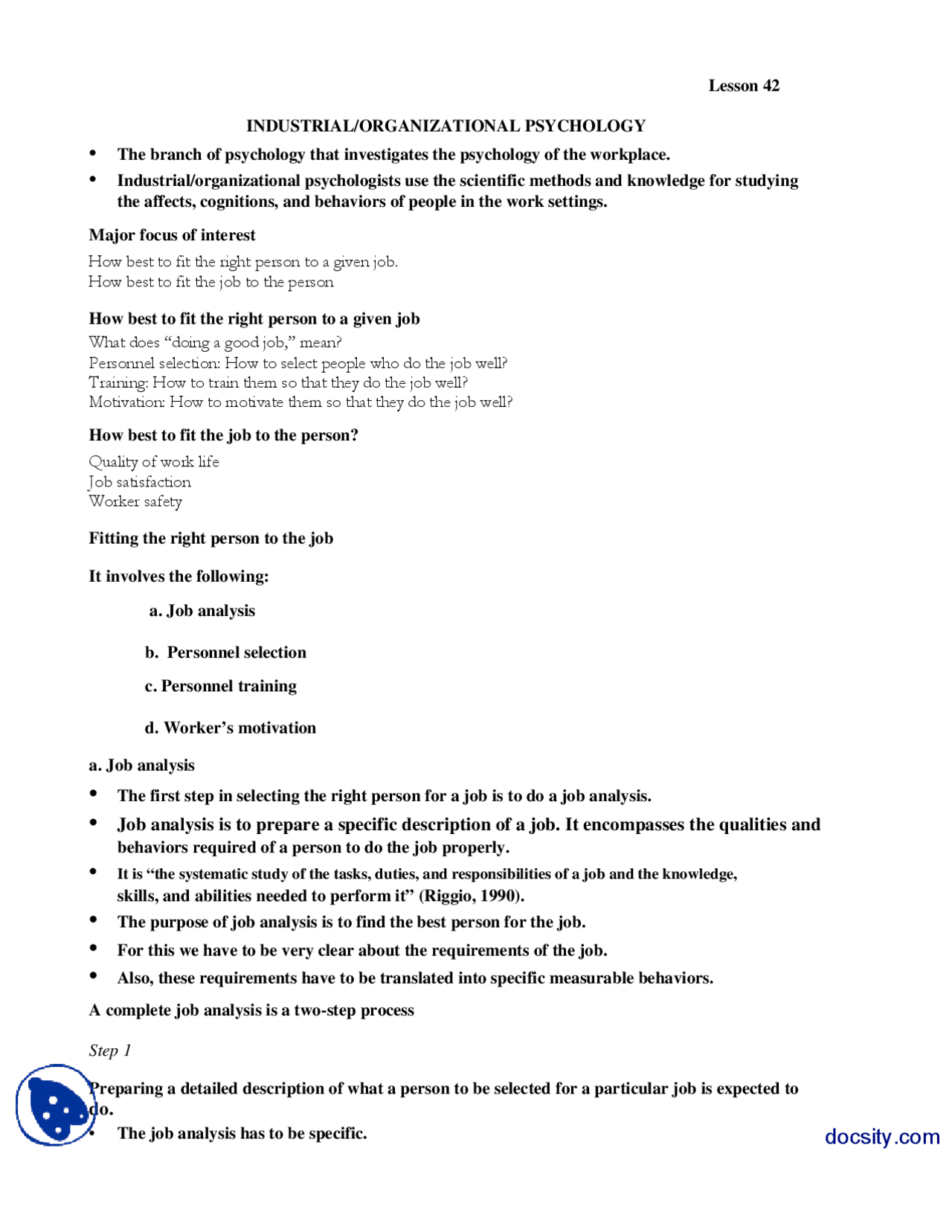 Organizational Psychology Introduction To Psycology Lecture Handout