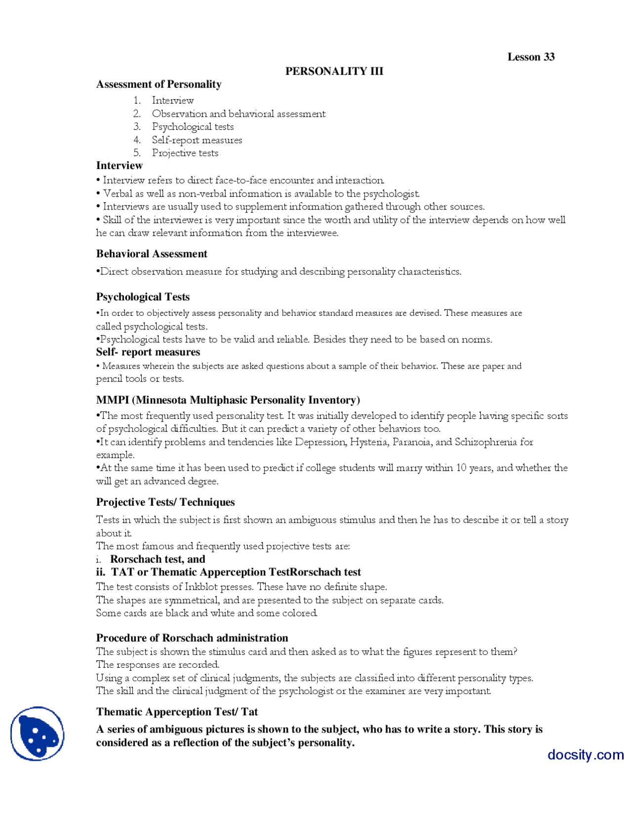 Personality Iii Introduction To Psycology Lecture Handout Docsity