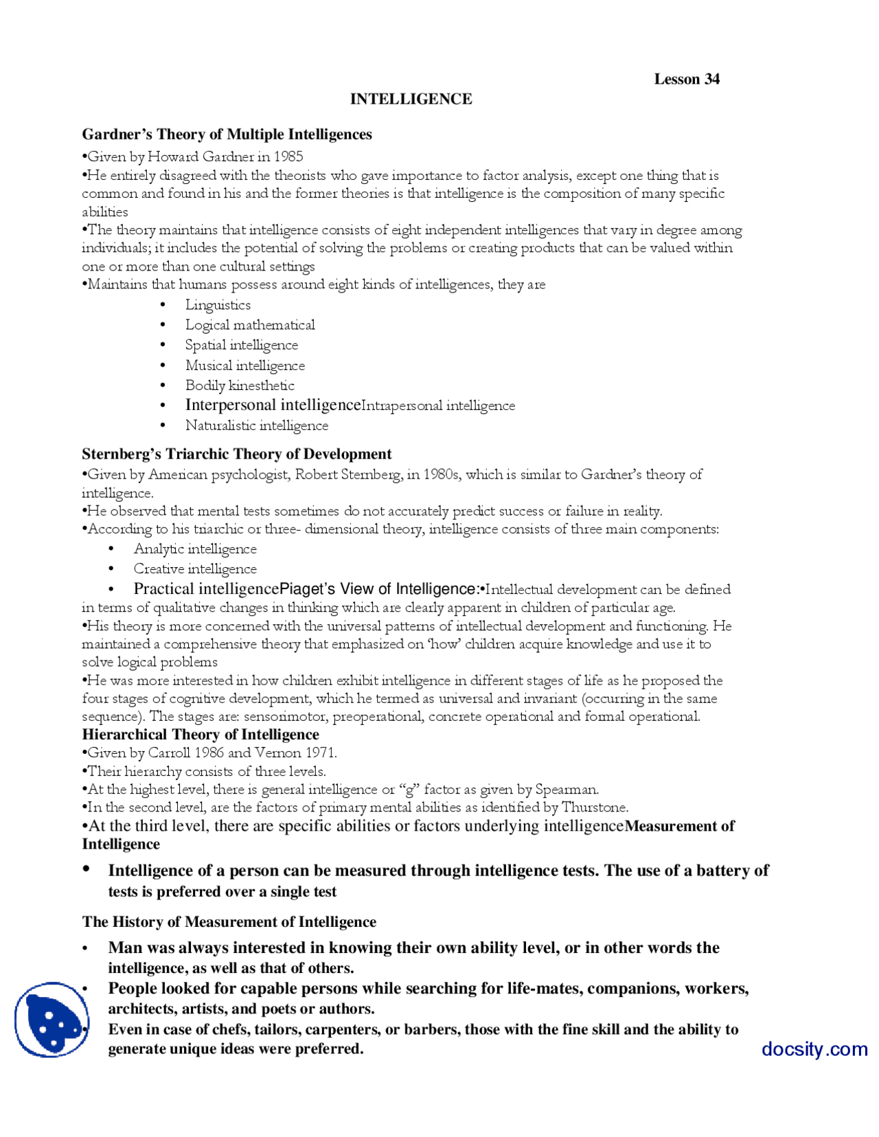 Intelligence Introduction To Psycology Lecture Handout Docsity