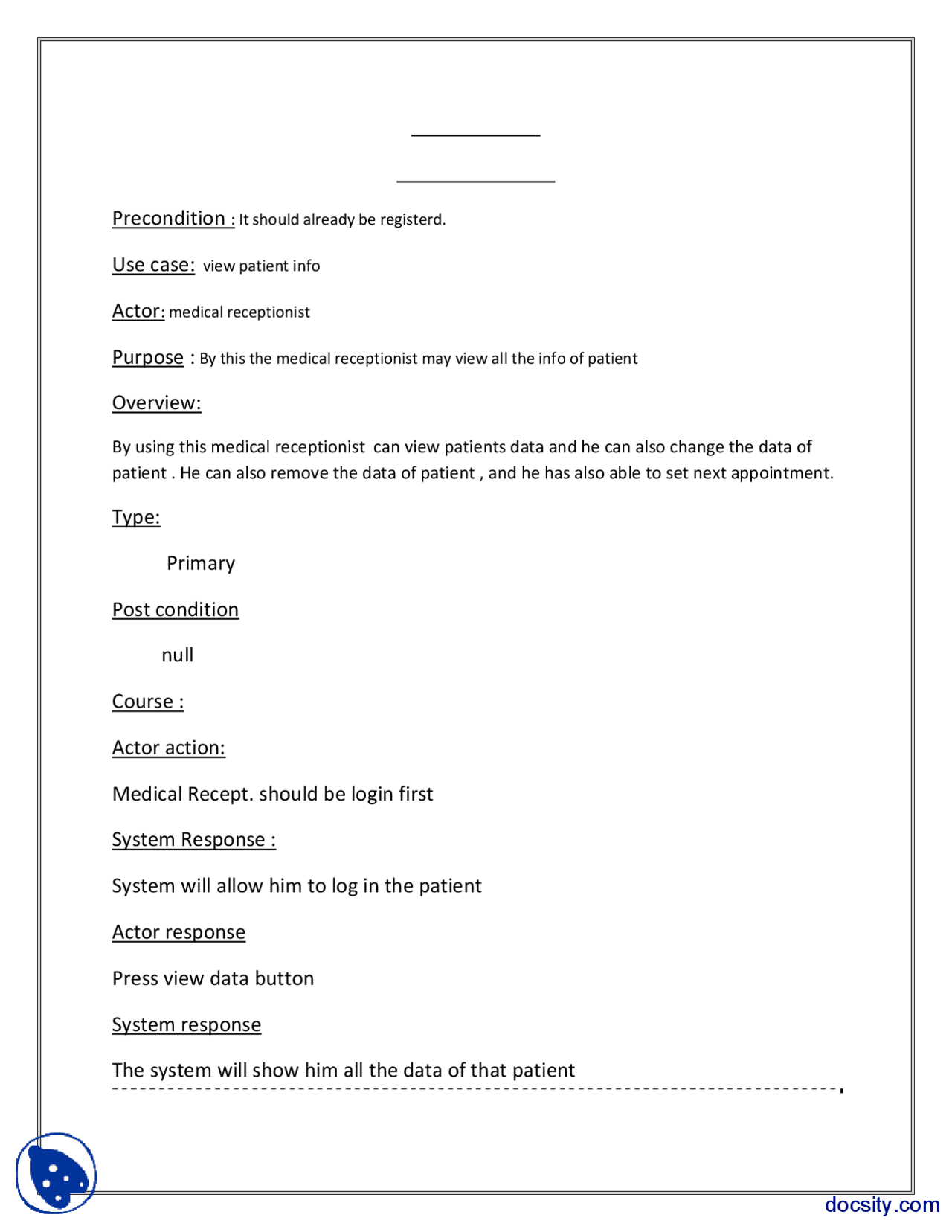Medical Receptionist Part 6 Software Engineering Assignment And