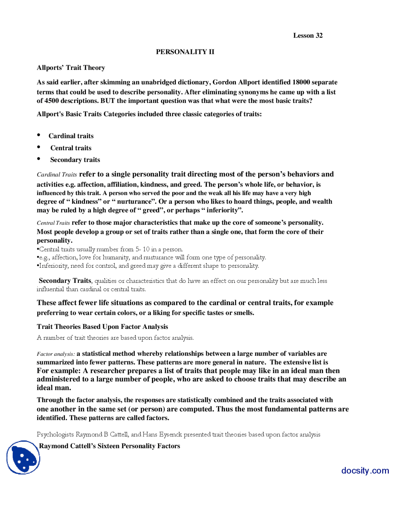 Personality Ii Introduction To Psycology Lecture Handout Docsity