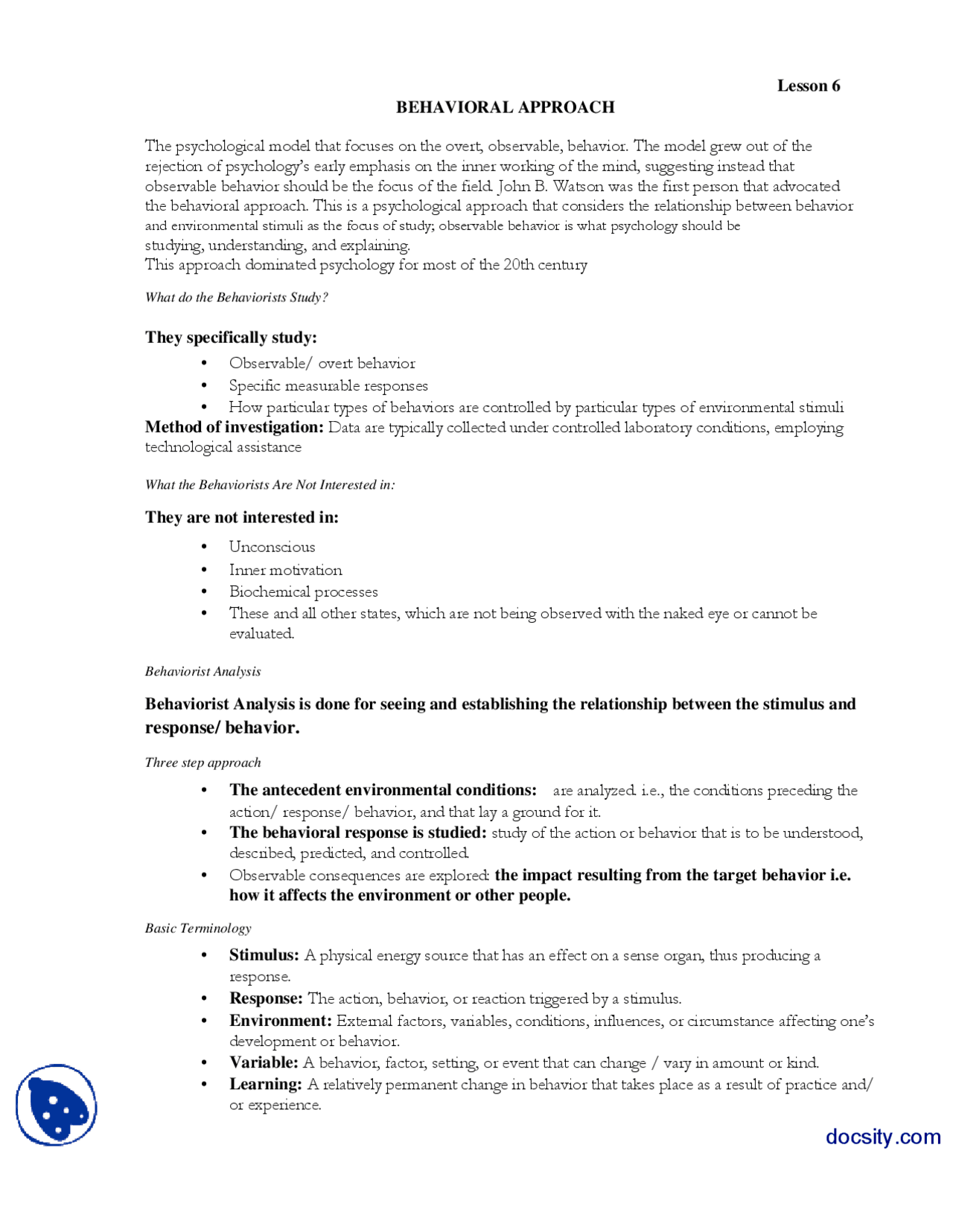 Behavioral Approach Introduction To Psycology Lecture Handout Docsity