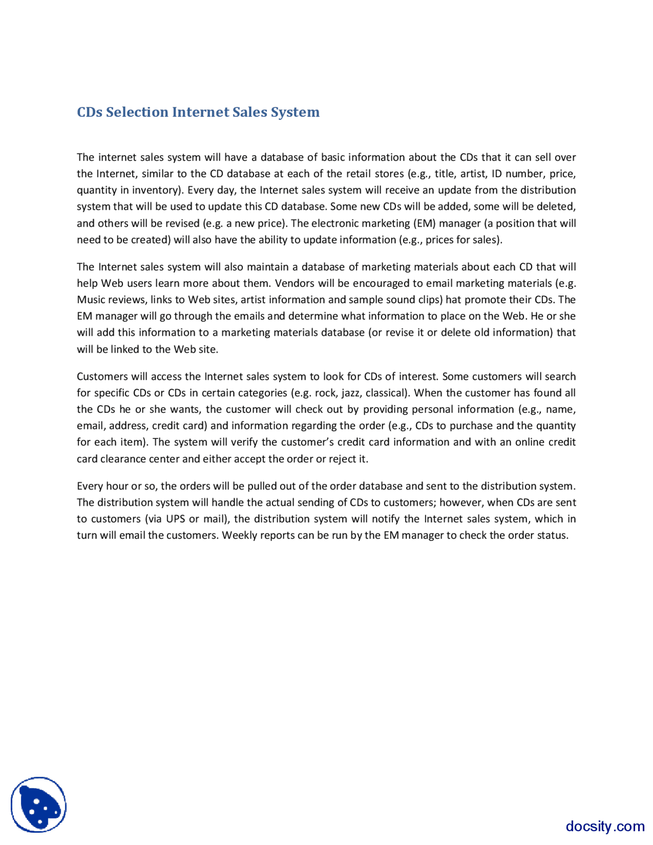 Cds Selection Internet Sales System Software Engineering Lecture Handout Docsity