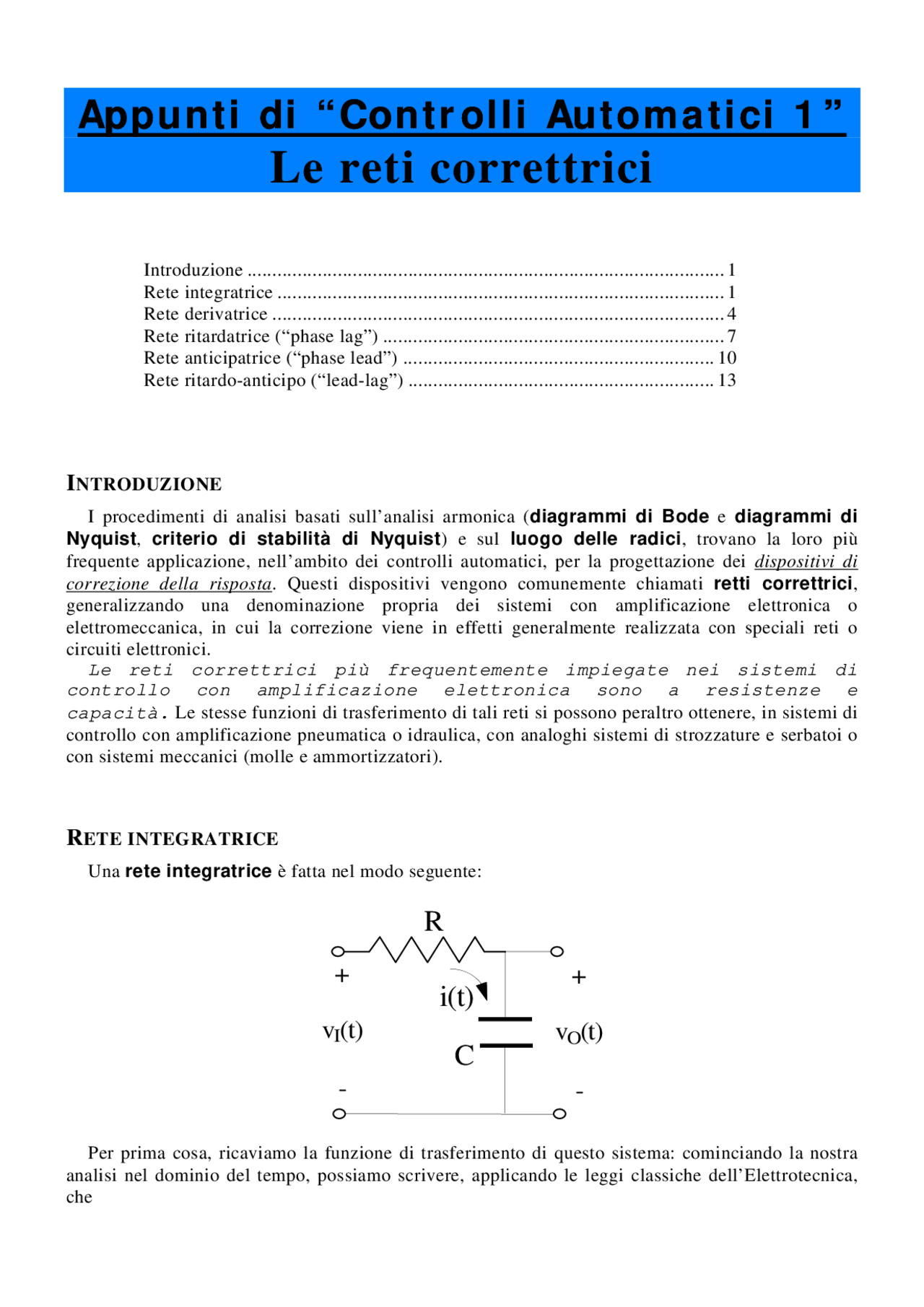Appunti Di Controlli Automatici - Le Reti Correttrici (Petruzzelli ...