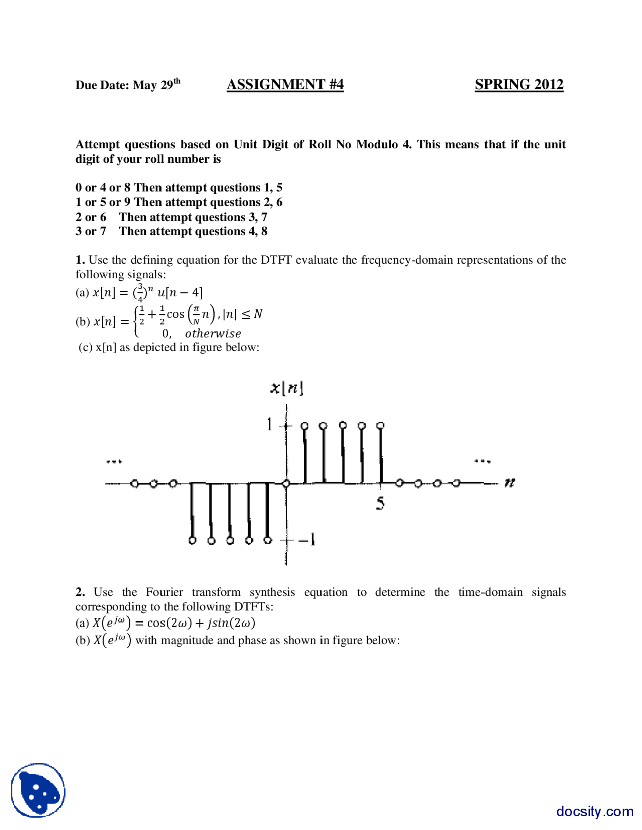 Discrete Time Fourier Transform Signal And Systems Assignment Docsity