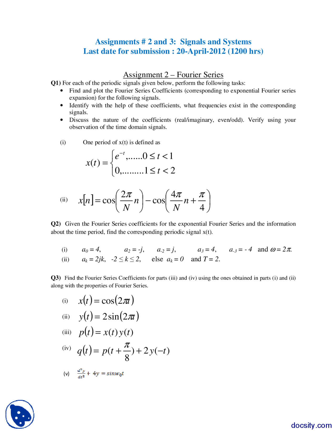Fourier Series Signal And Systems Assignment Docsity
