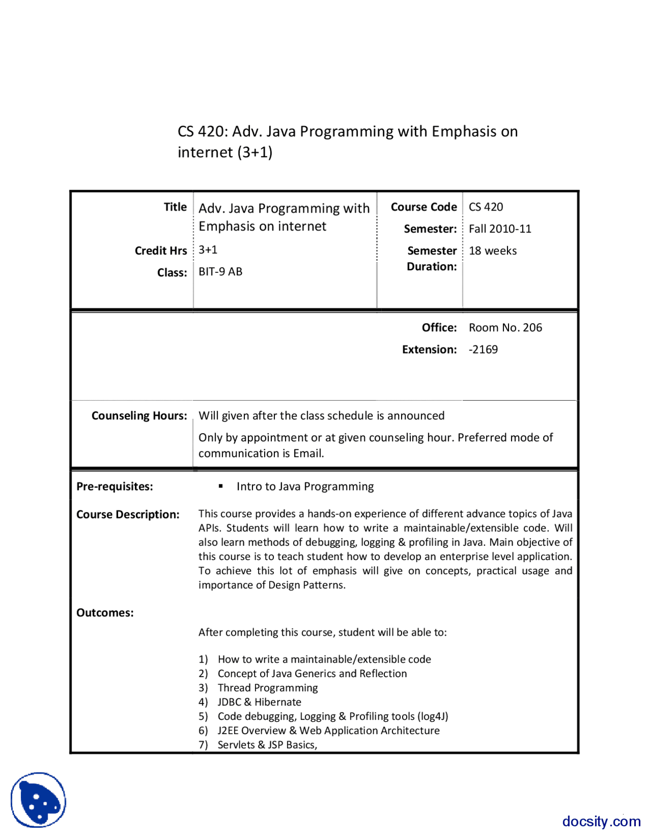Course Outline-Java Programming-Lecture Handouts - Docsity