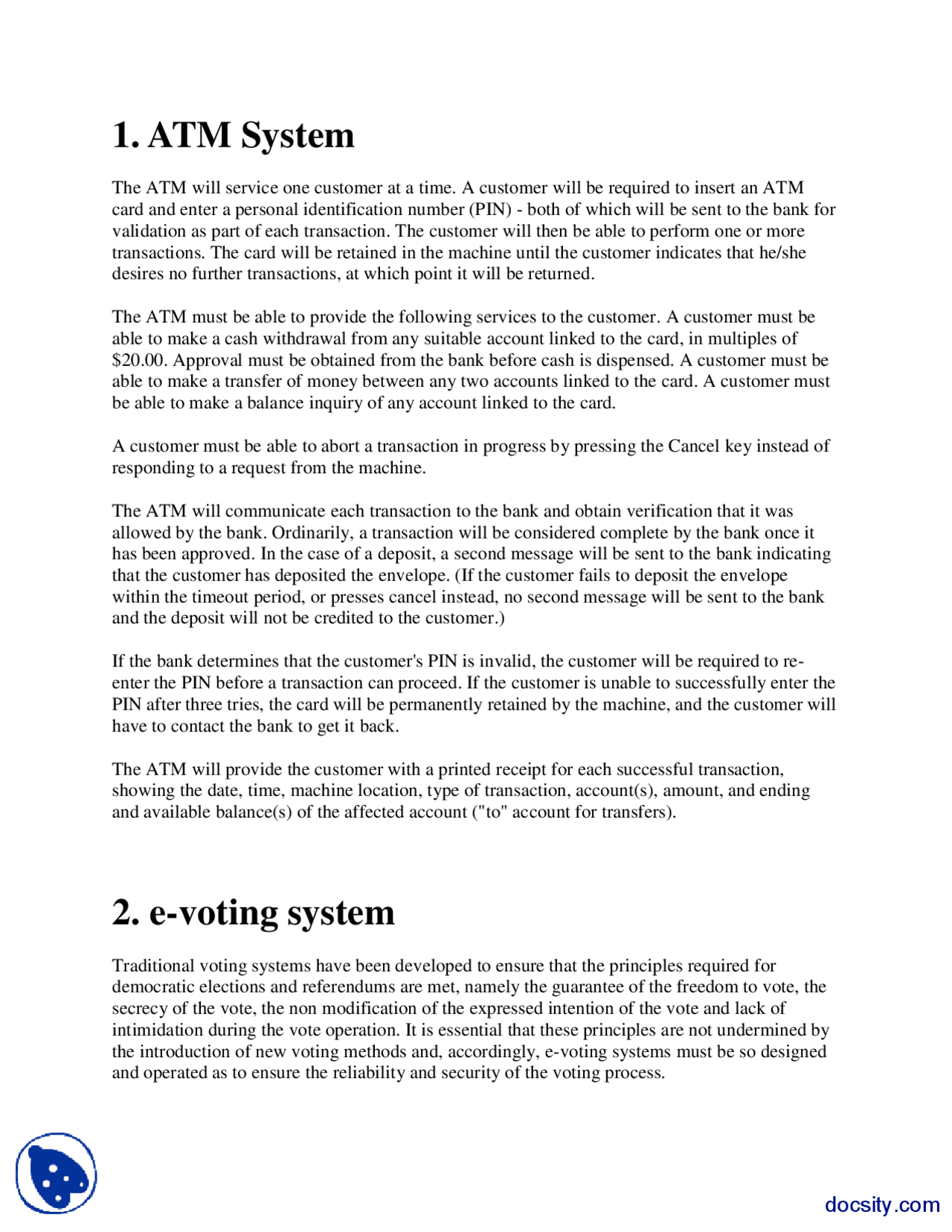 Atm System Software Engineering Lecture Handout Docsity