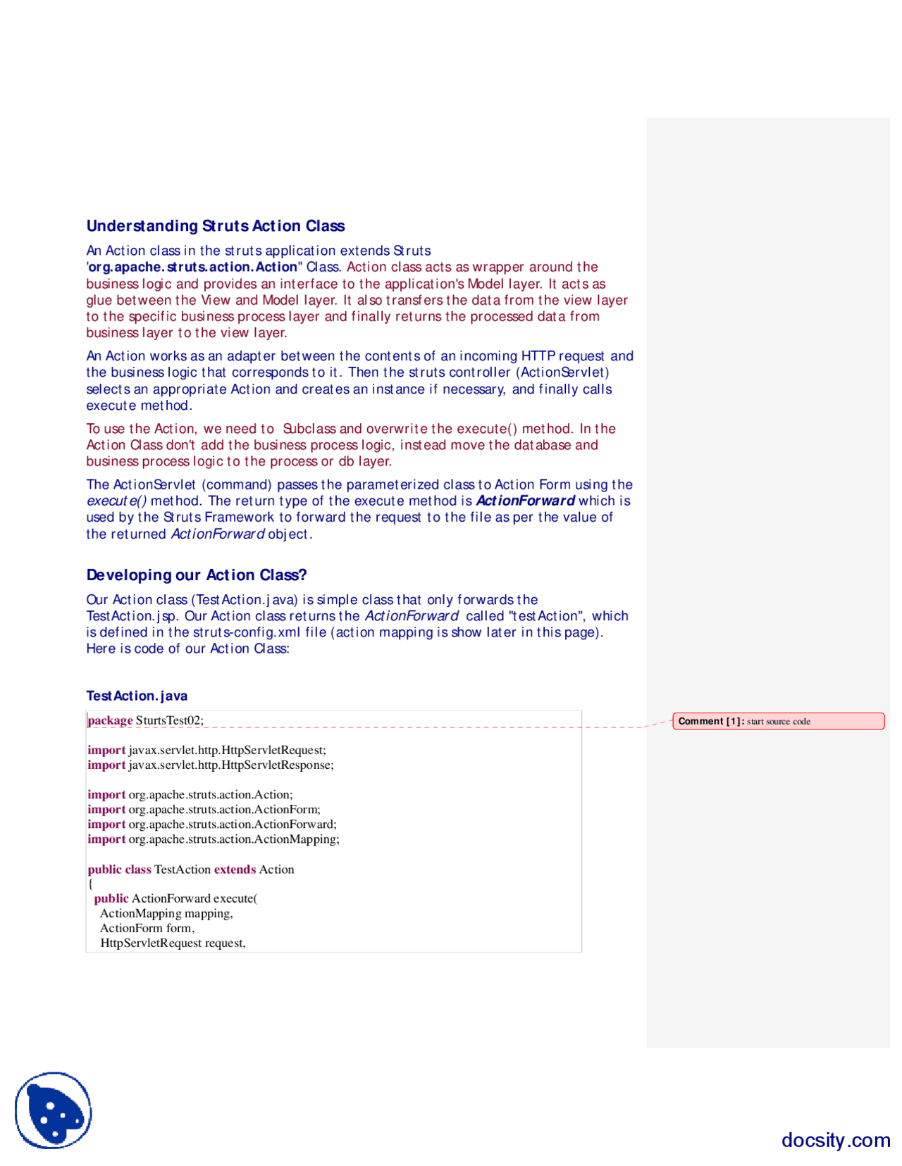 Understanding Struts Action Class Java Programming Lecture Handouts Docsity