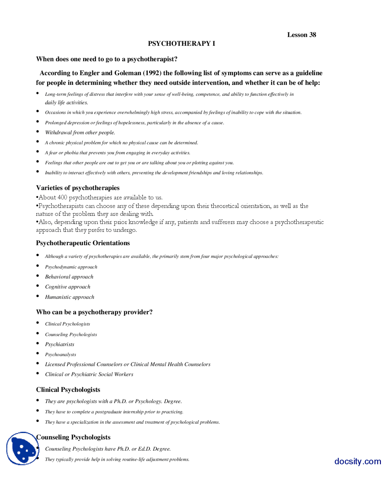 Psychotherapy I Introduction To Psycology Lecture Handout Exercises