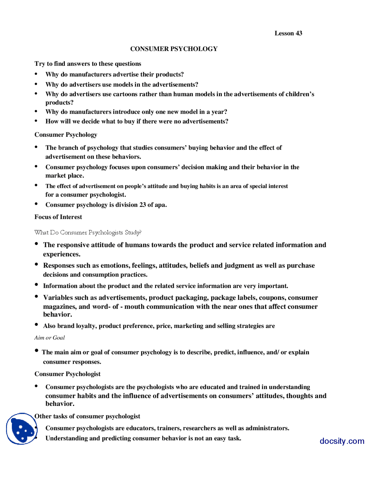 Consumer Psychology Introduction To Psycology Lecture Handout Docsity