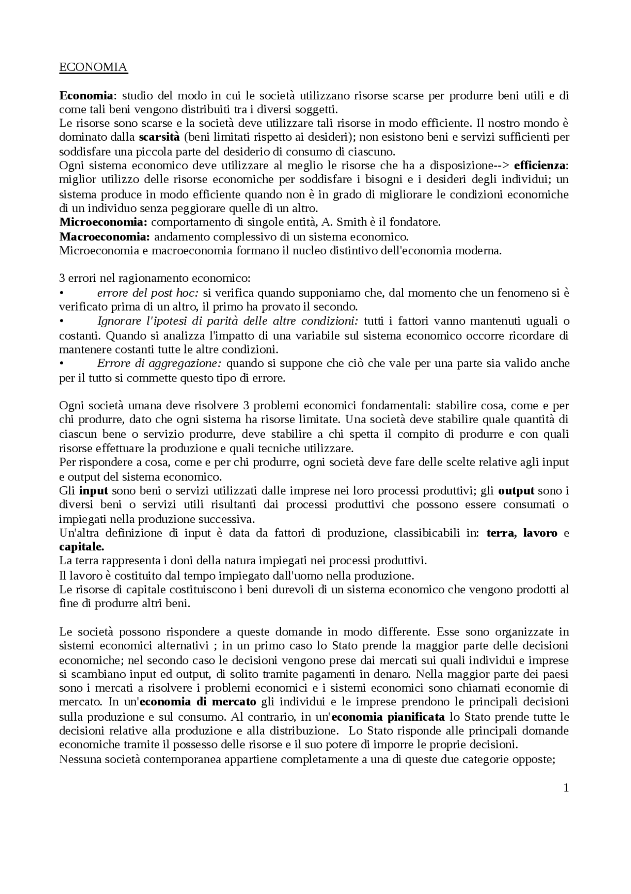Economia Riassunto Completo Docsity