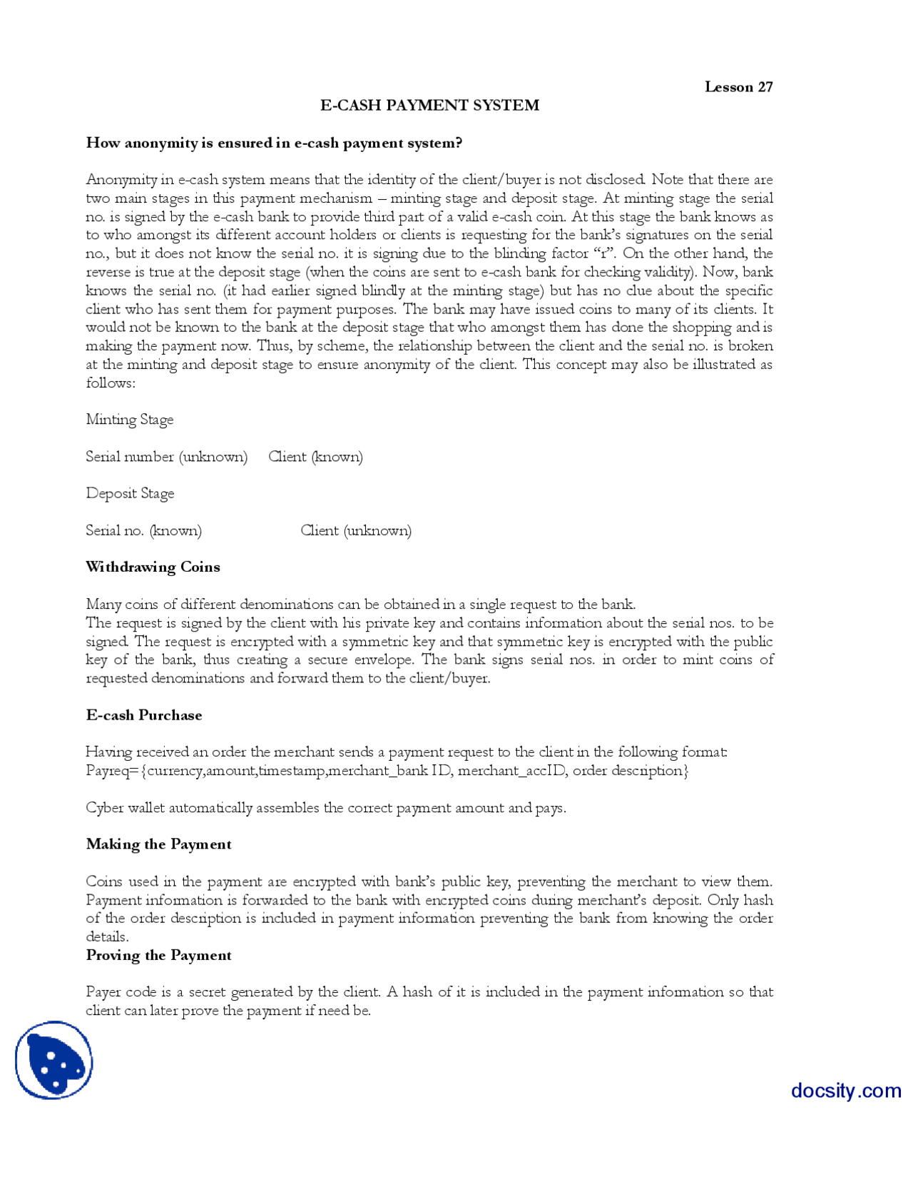 E-Cash Payment System Part2-Information Technology-Lecture Handout ...