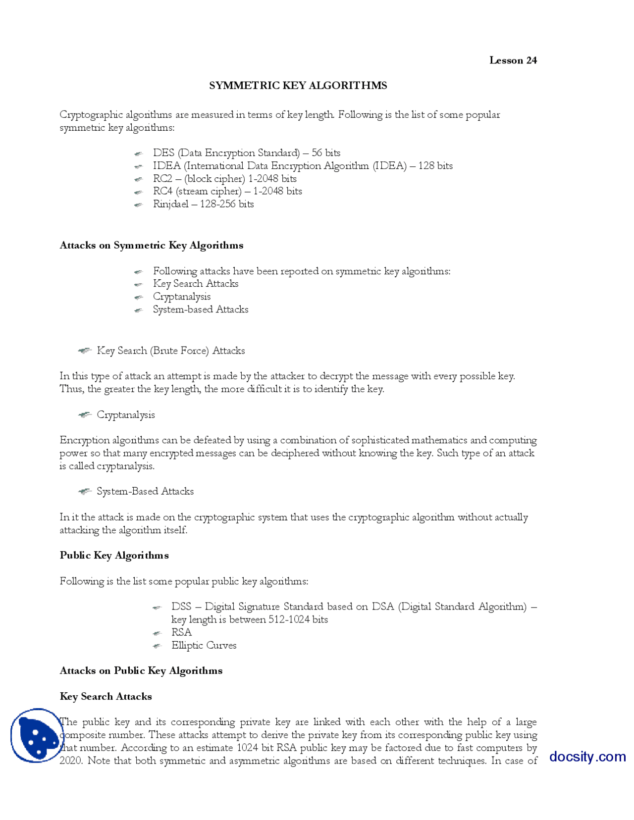 Symmetric Key Algorithms Information Technology Lecture Handout Docsity