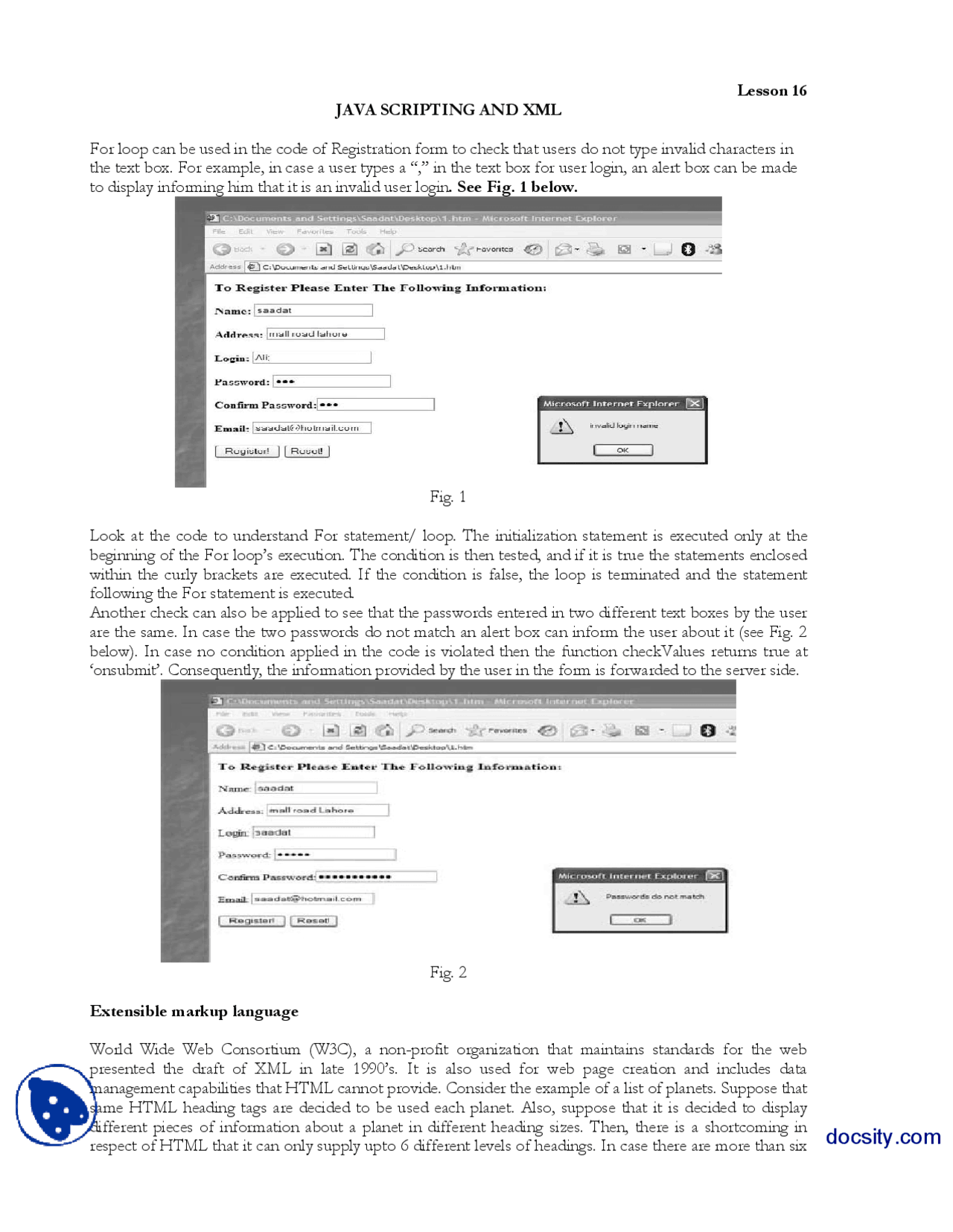 Java Scripting And Xml Information Technology Lecture Handout Docsity