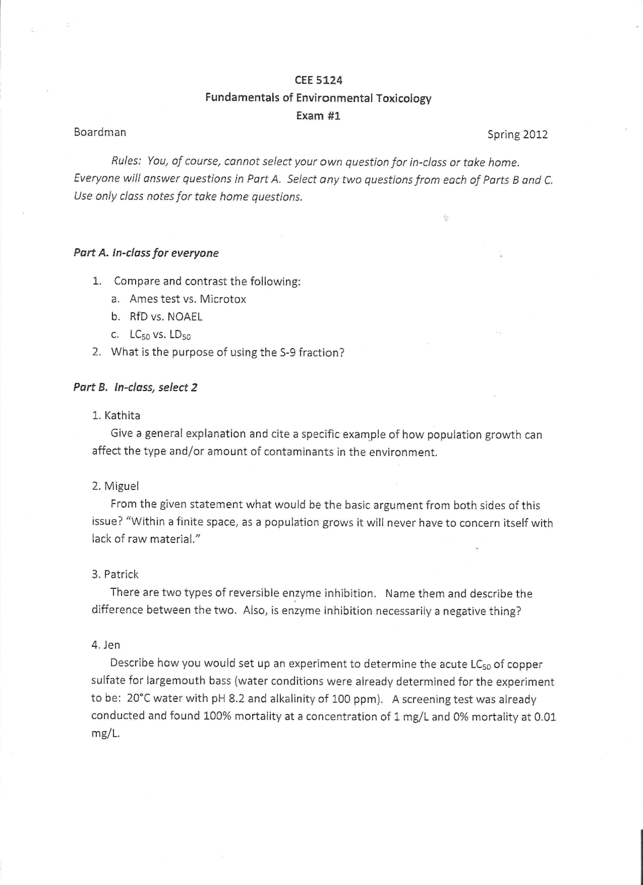 Exam 1 Fundamentals Of Environmental Toxicology Cee 5124 Docsity