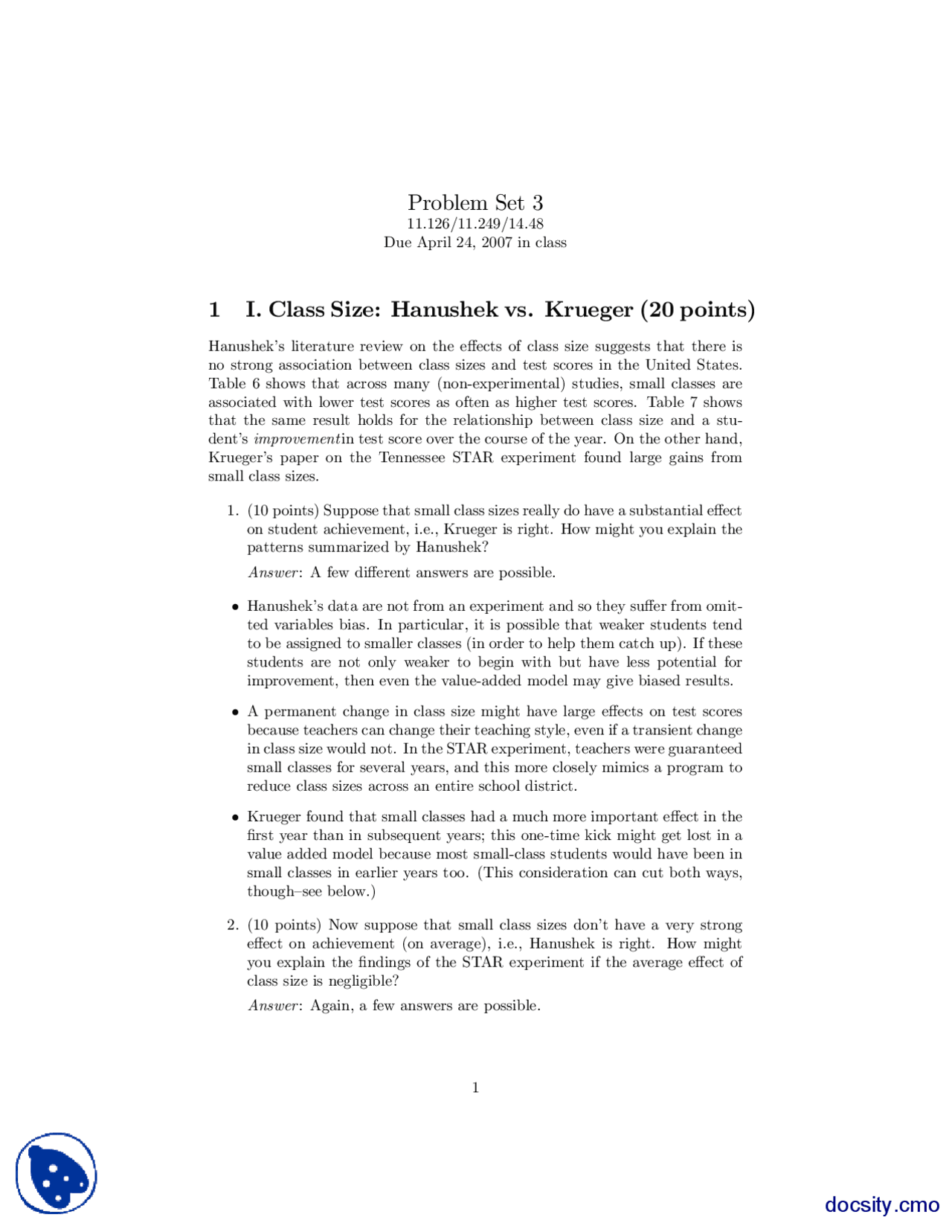 Problem Set 3 Solution Education Economics Assignment Solution Docsity