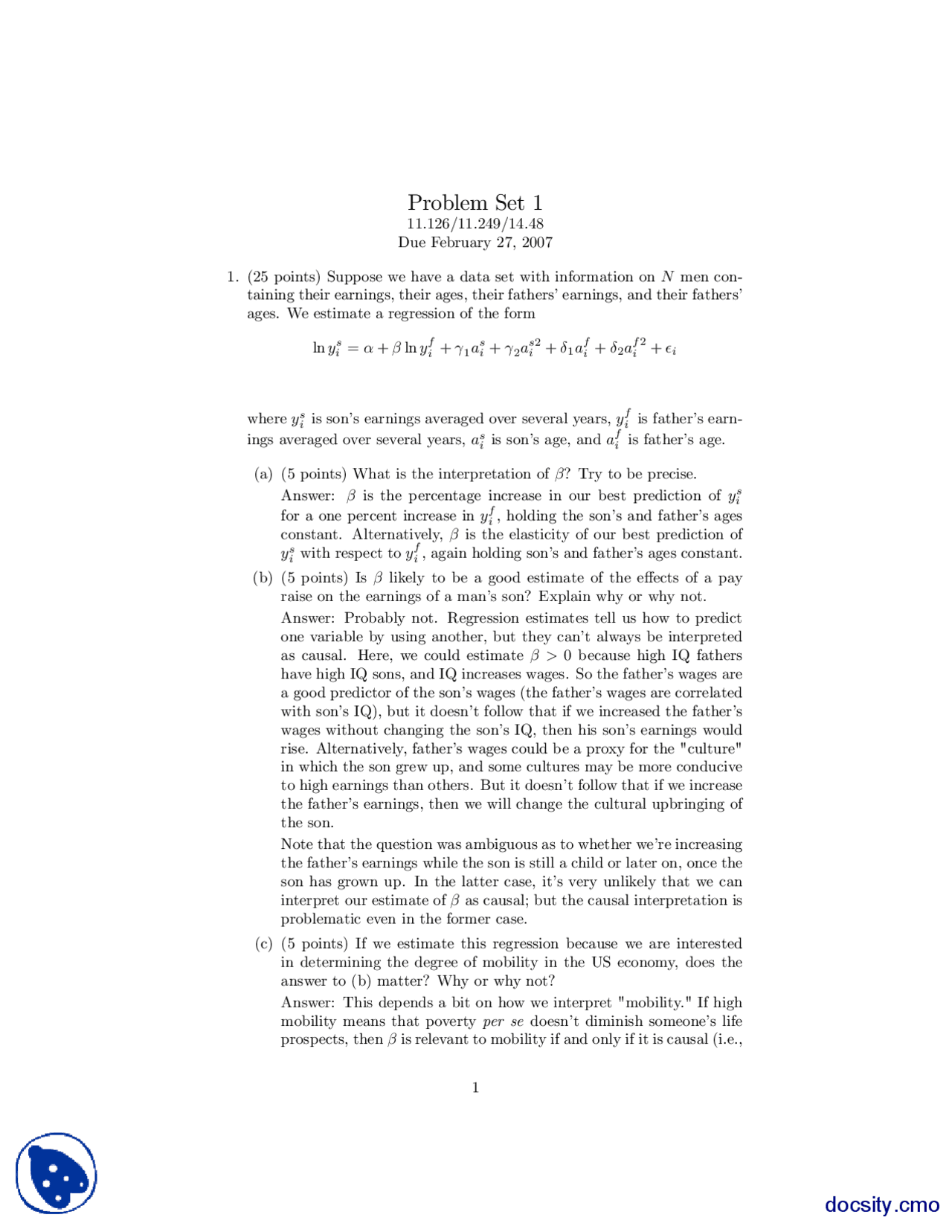 Problem Set 1 Solution Education Economics Assignment Solution Docsity