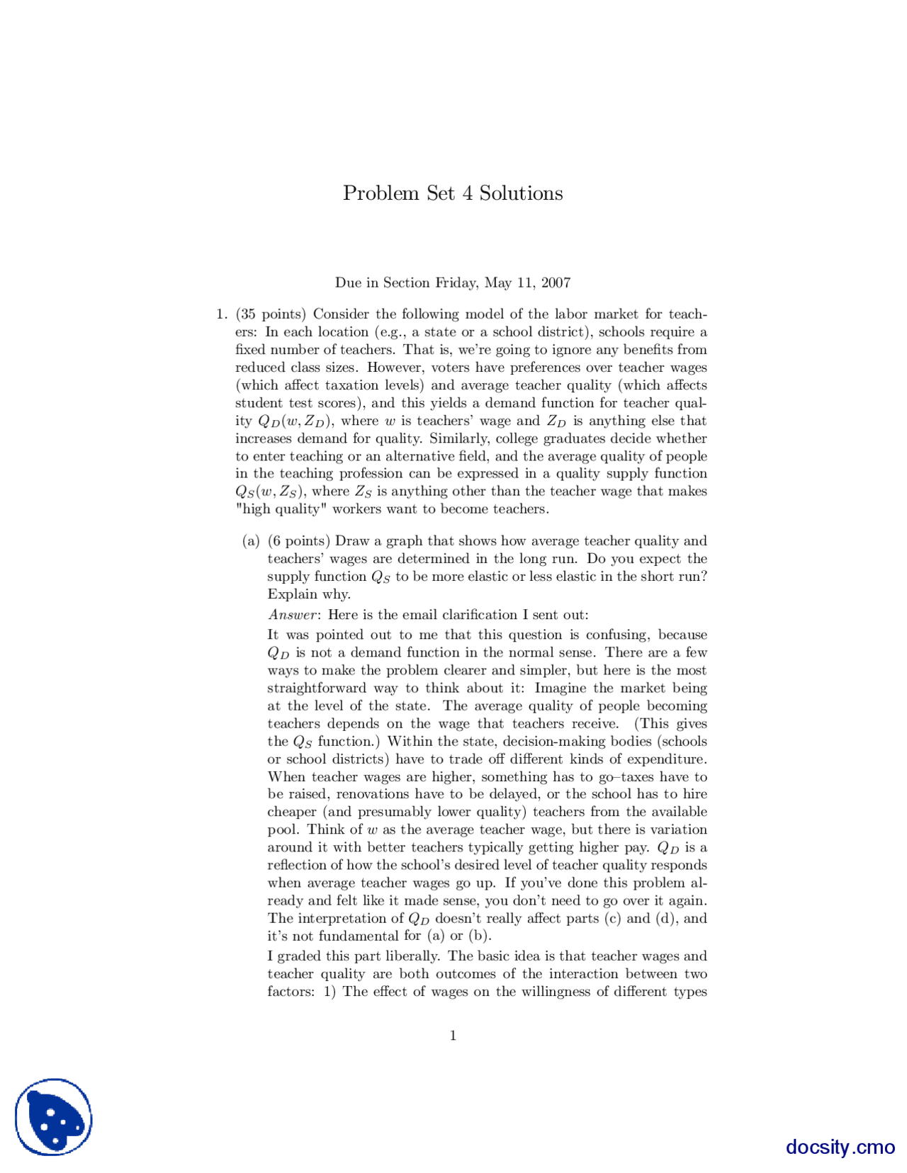 Problem Set 4 Solution Education Economics Assignment Solution Docsity