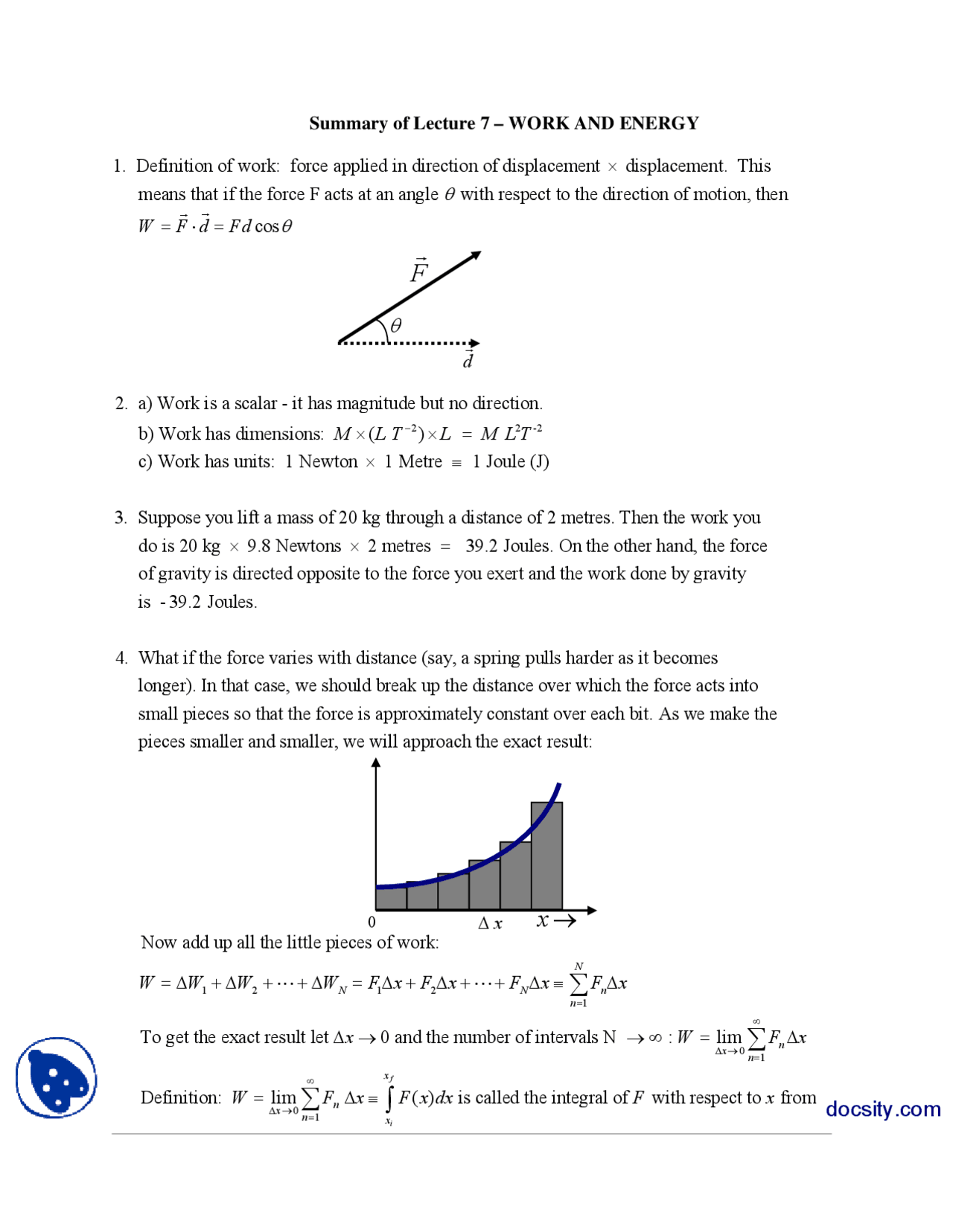 Work And Energy Classical Physics Handouts Docsity