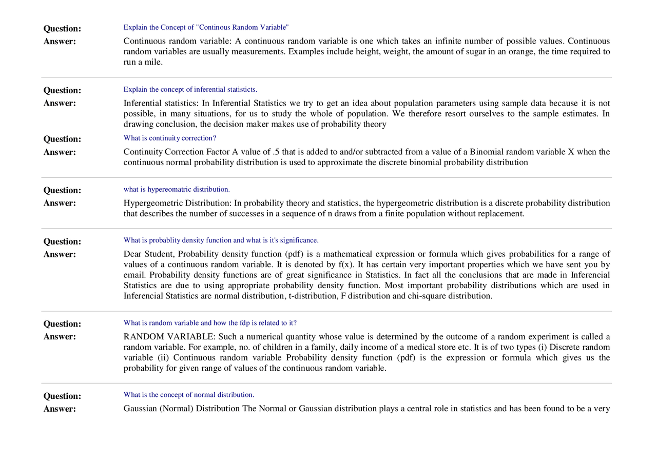 Continous Random Variable Statistics Solved Assignments Docsity