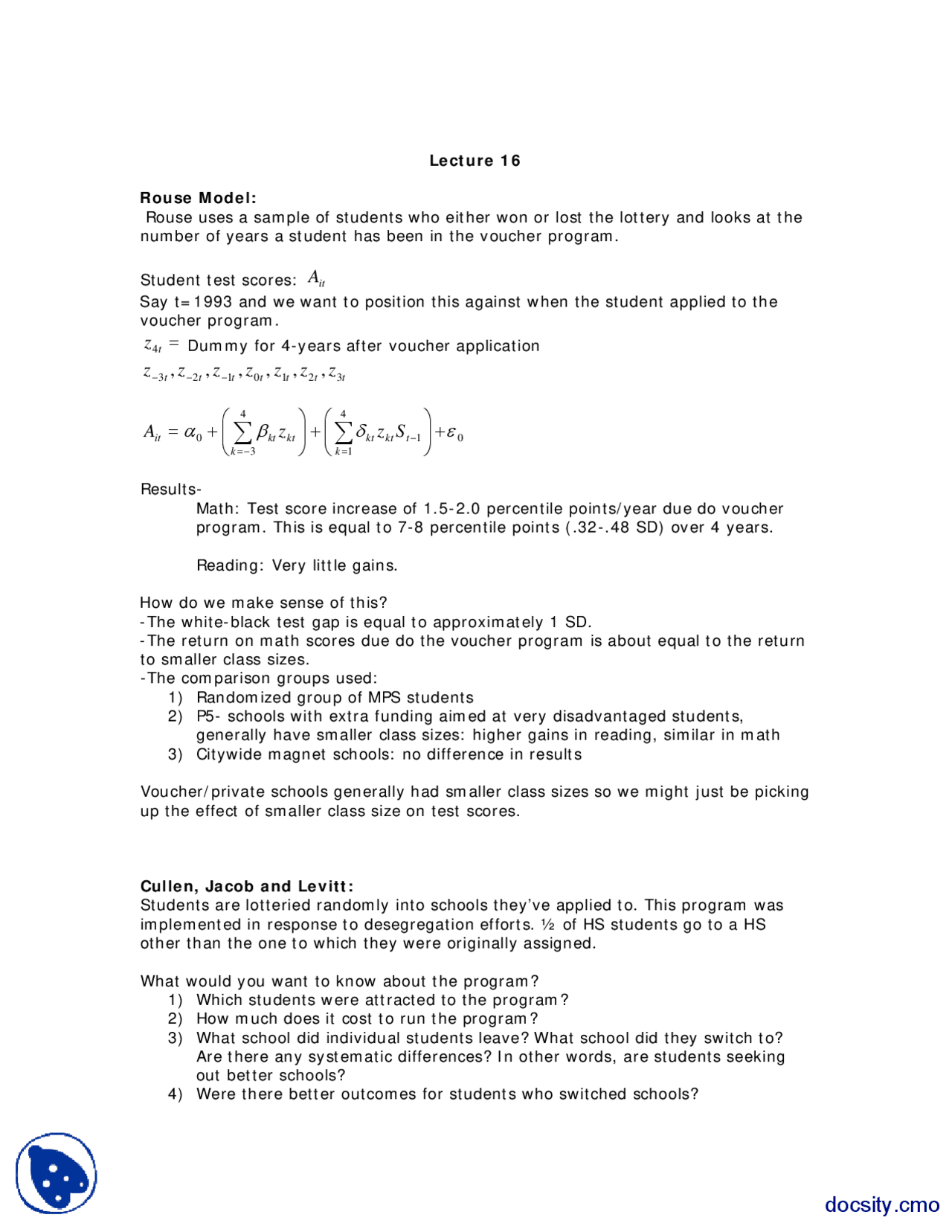Rouse Model-Education Economics-Lecture Handout | Exercises Economics ...