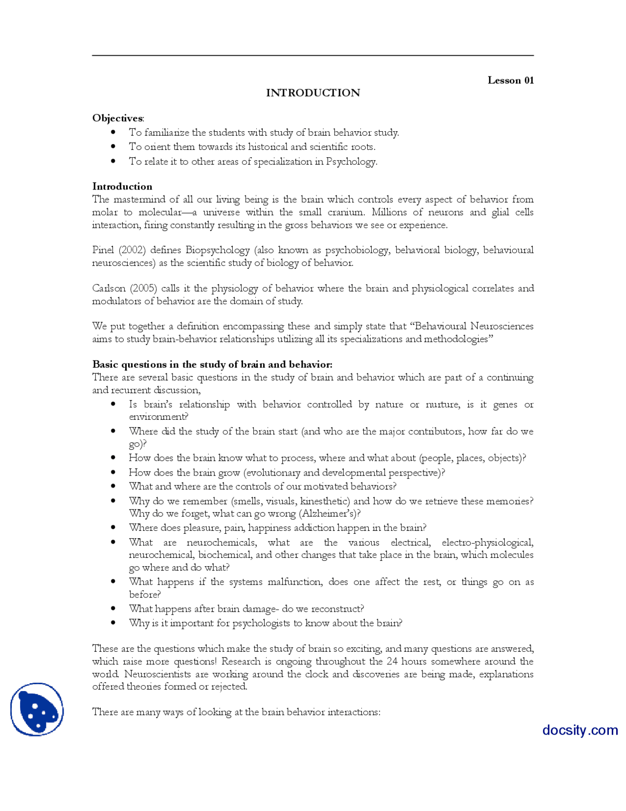 Introduction Neurological Basics Of Behaviour Handouts Docsity