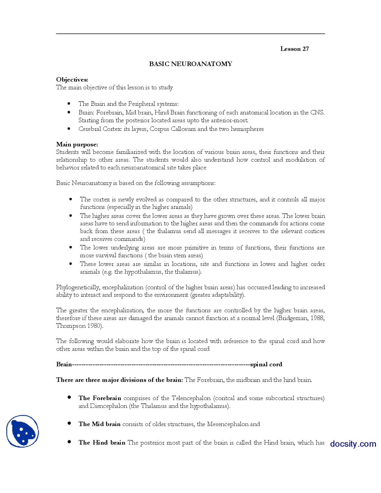 Basic Neuroanatomy 3 Neurological Basics Of Behaviour Handouts Docsity