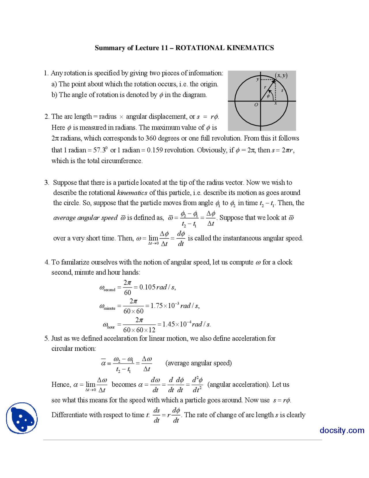 Rotational Kinematics Classical Physics Handouts Docsity