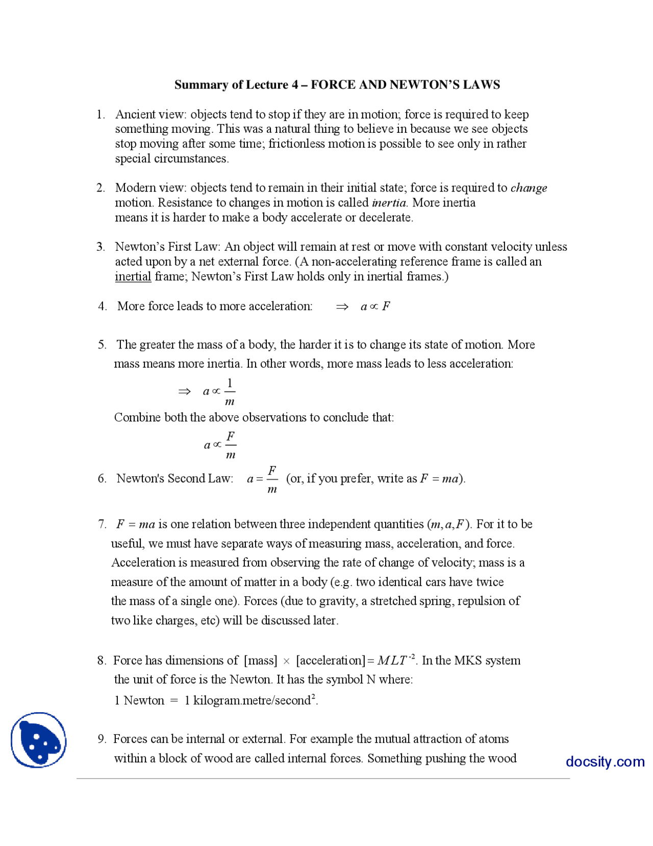 Force And Newtons Laws Classical Physics Handouts Docsity