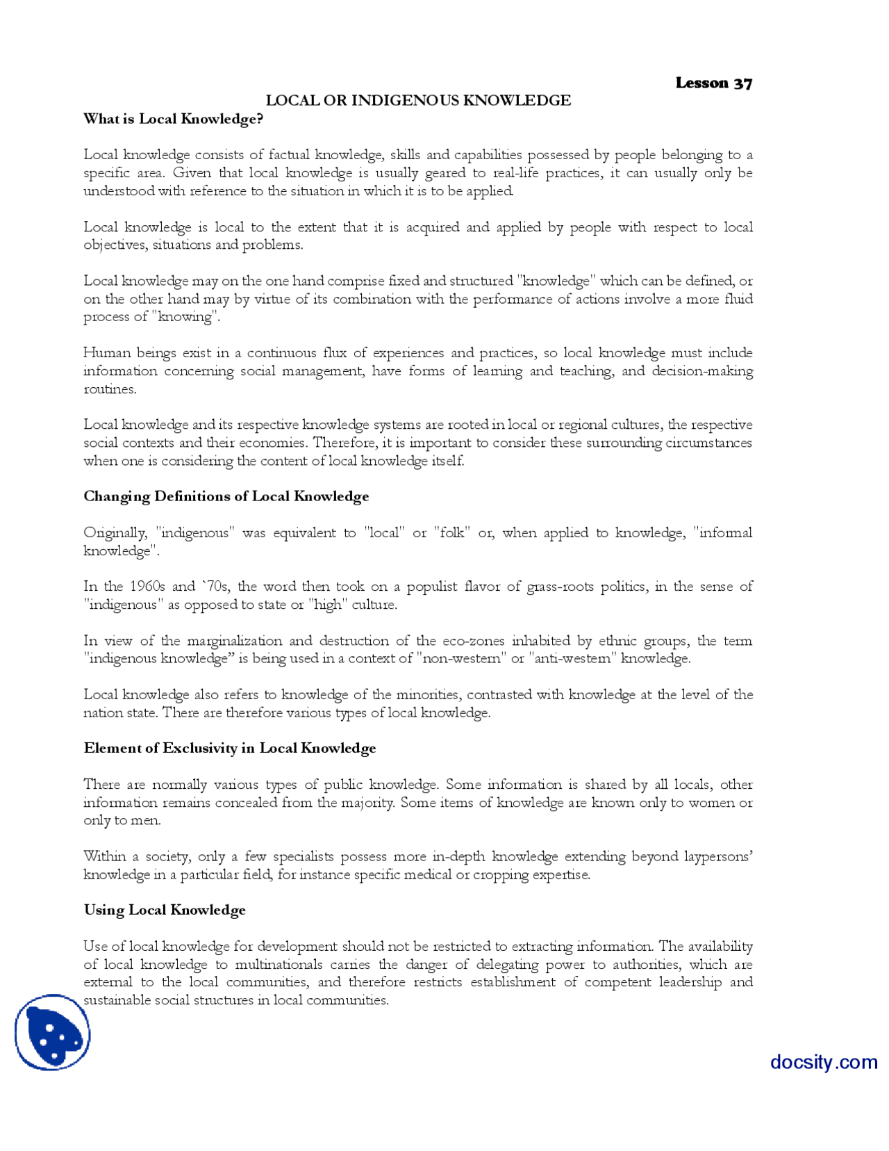 Local Knowlage Introduction To Cultural Anthropology Lecture Handout
