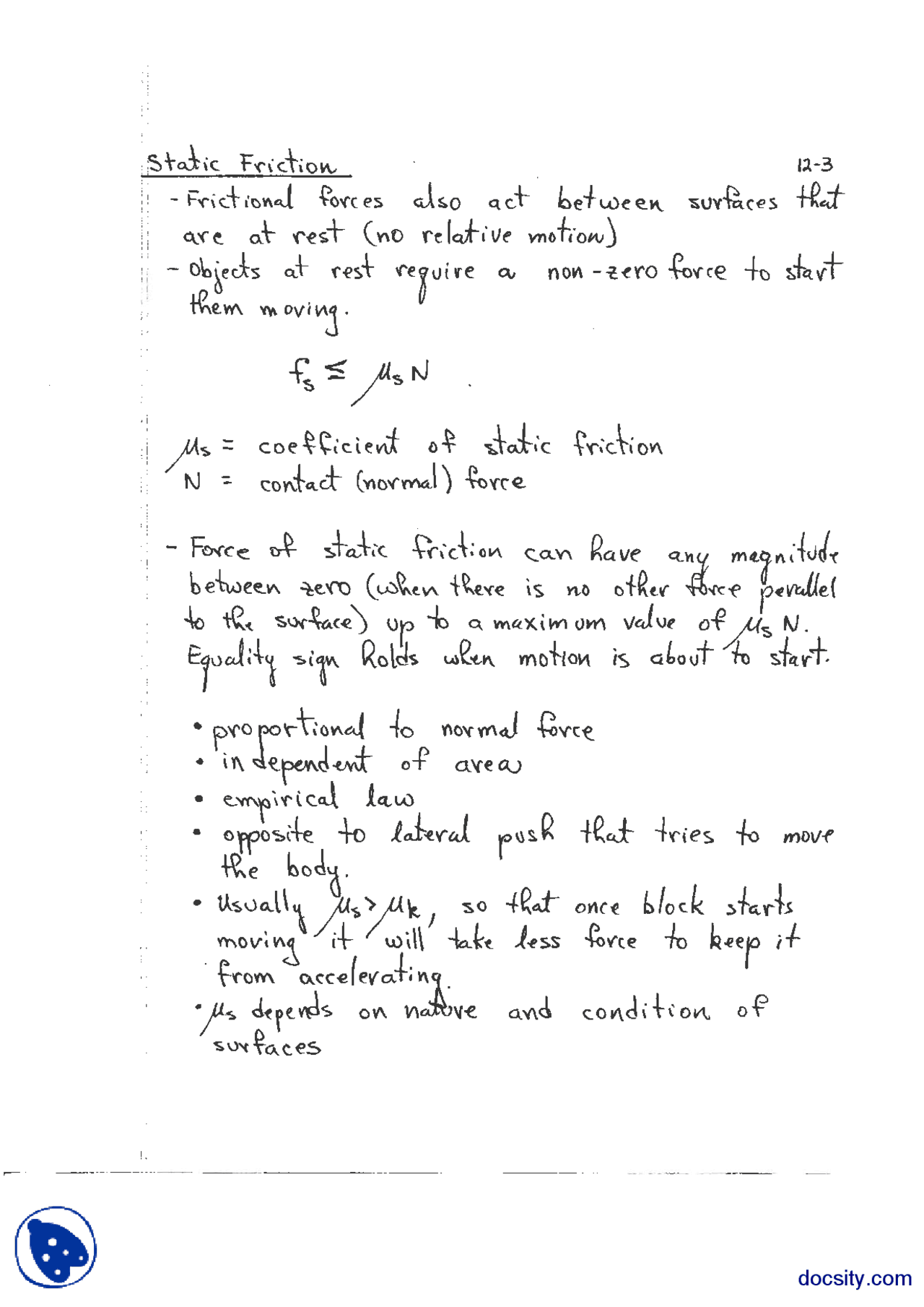 Static Friction Physics Lecture Notes Docsity