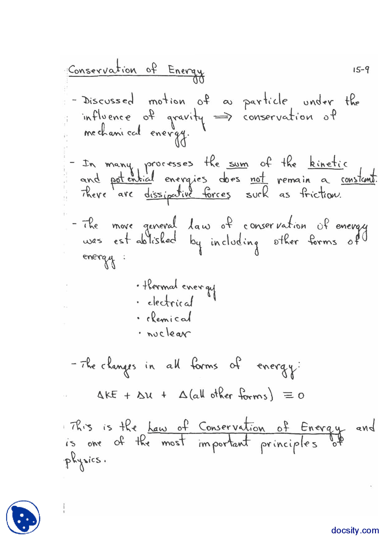 Conservation Of Energy Physics Lecture Notes Docsity
