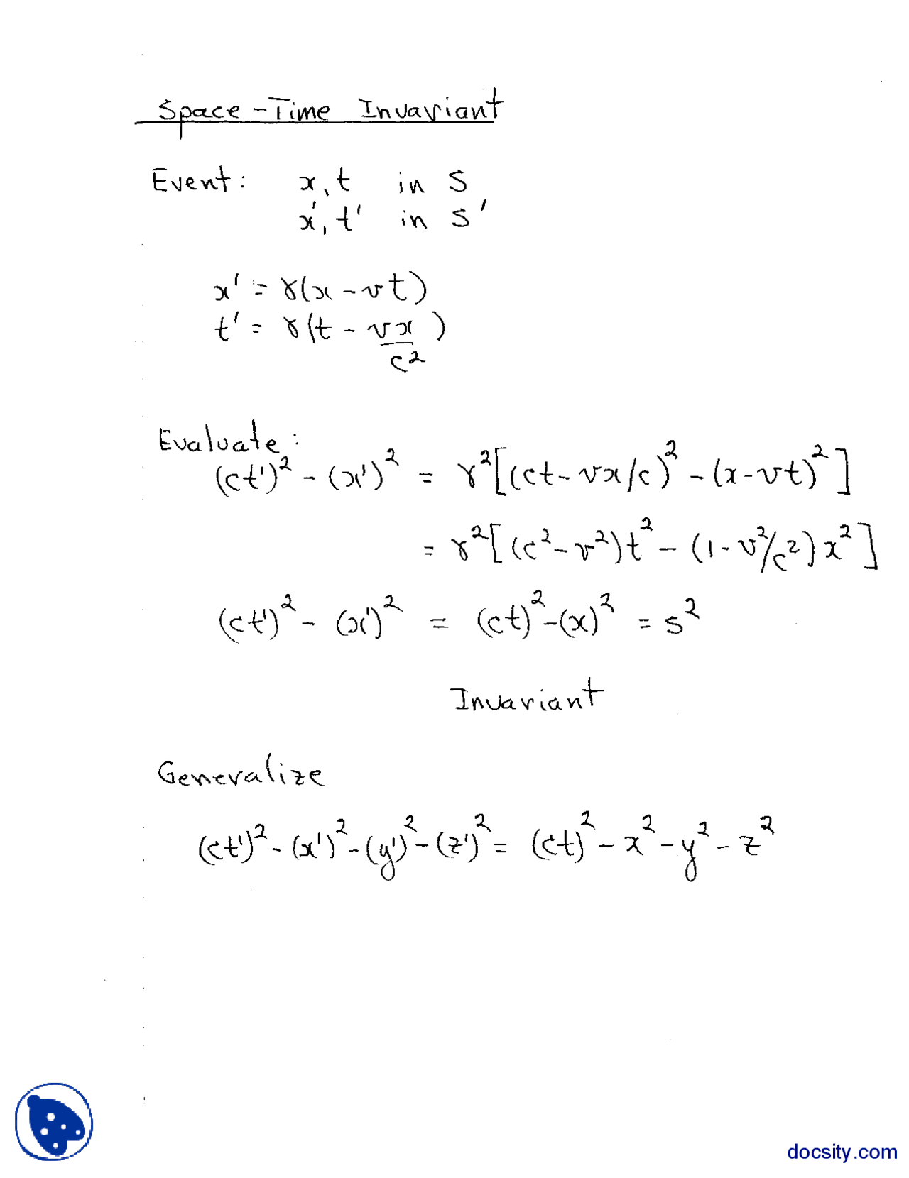 Space Time Invariant-Physics-Lecture Notes - Docsity