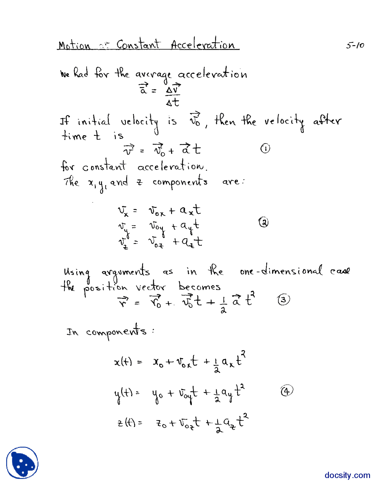 Motion At Constant Acceleration Physics Lecture Notes Docsity