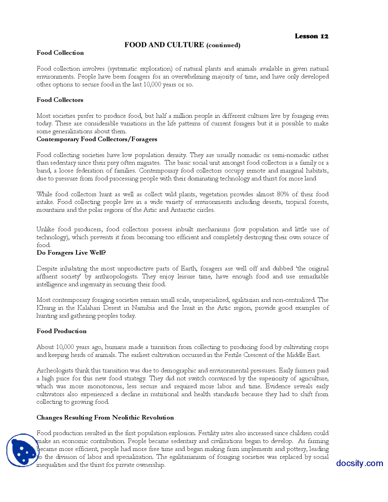 Food And Culture Introduction To Cultural Anthropology Lecture Handout