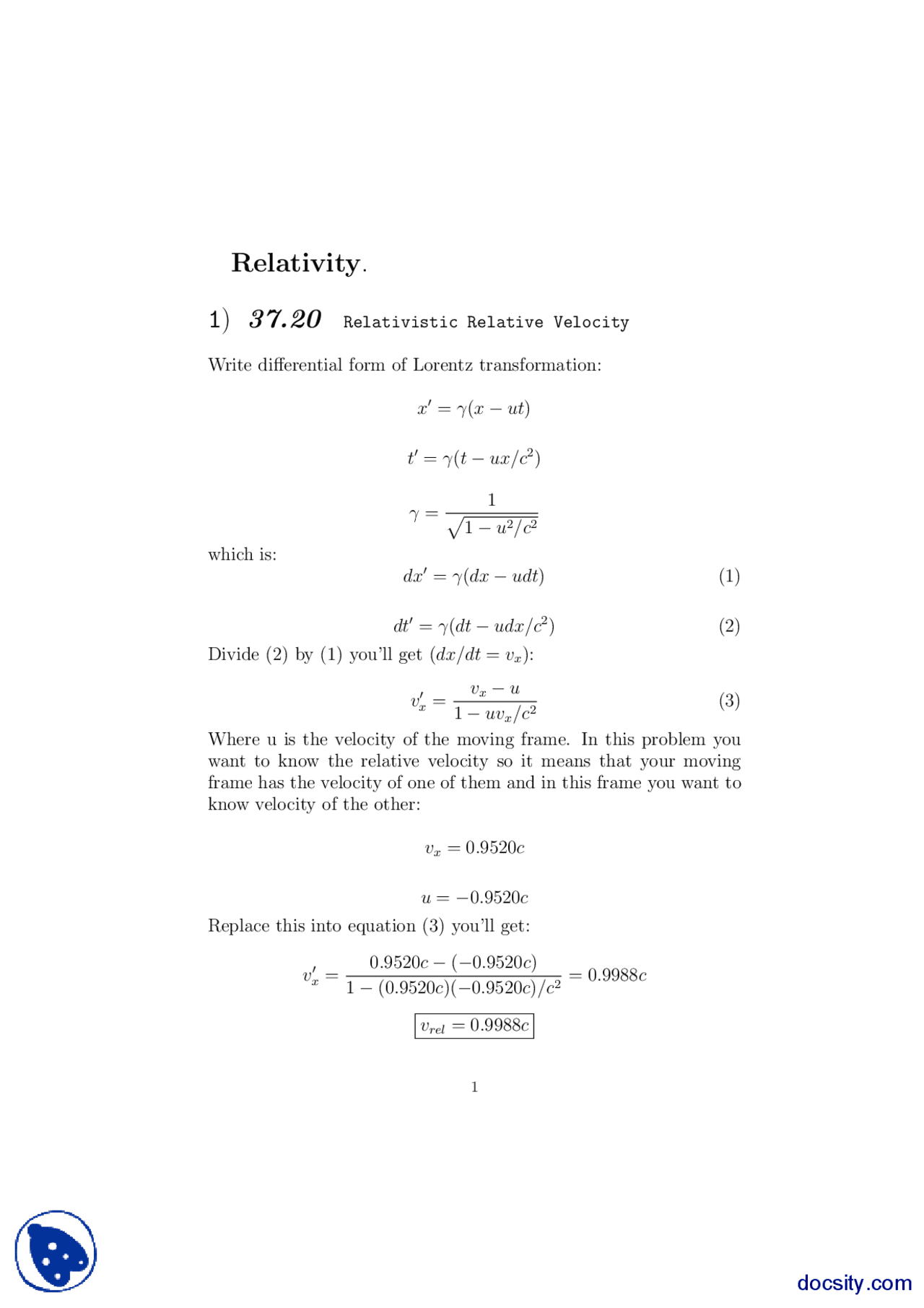 Relativity Physics Dynamics Forces And Momentum Assignment Solution