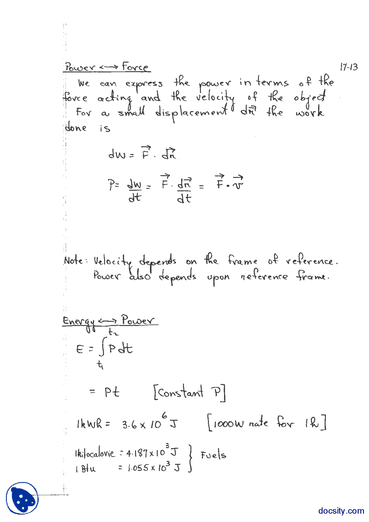 Power And Force Physics Lecture Notes Docsity