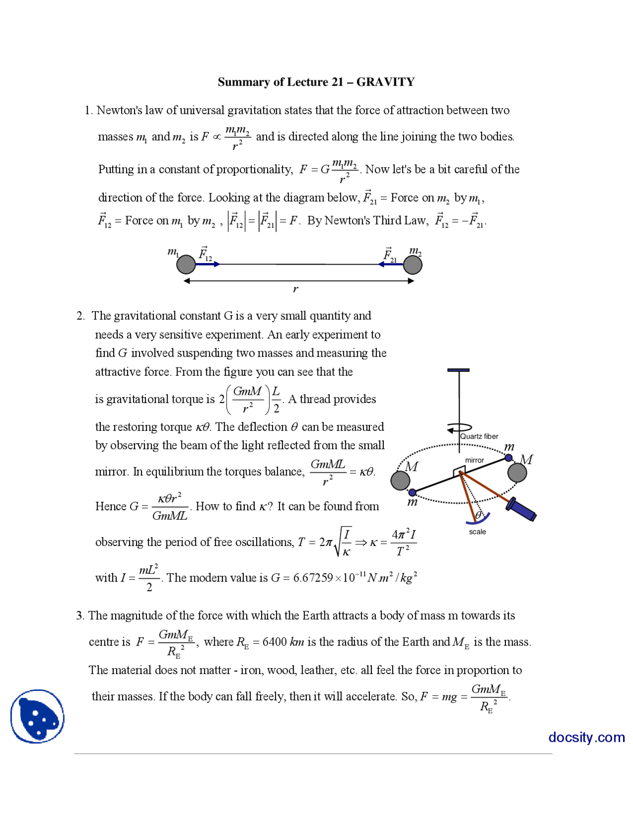 Gravity Classical Physics Handouts Docsity