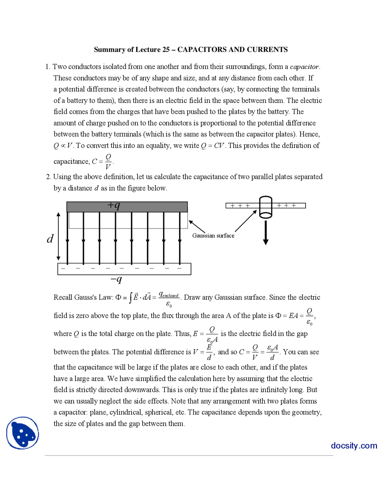 Capacitors And Currents Classical Physics Handouts Docsity