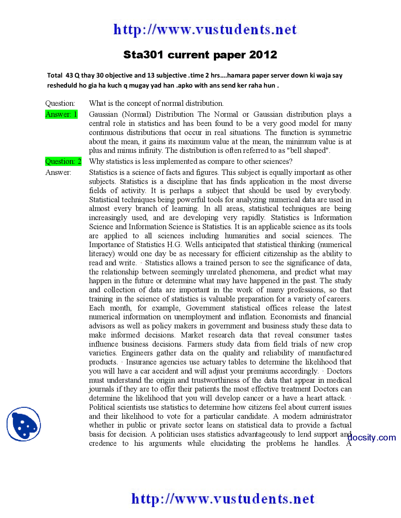 Gaussian Distribution Statistics-Statistics-Quizs | Exams Statistics | Docsity