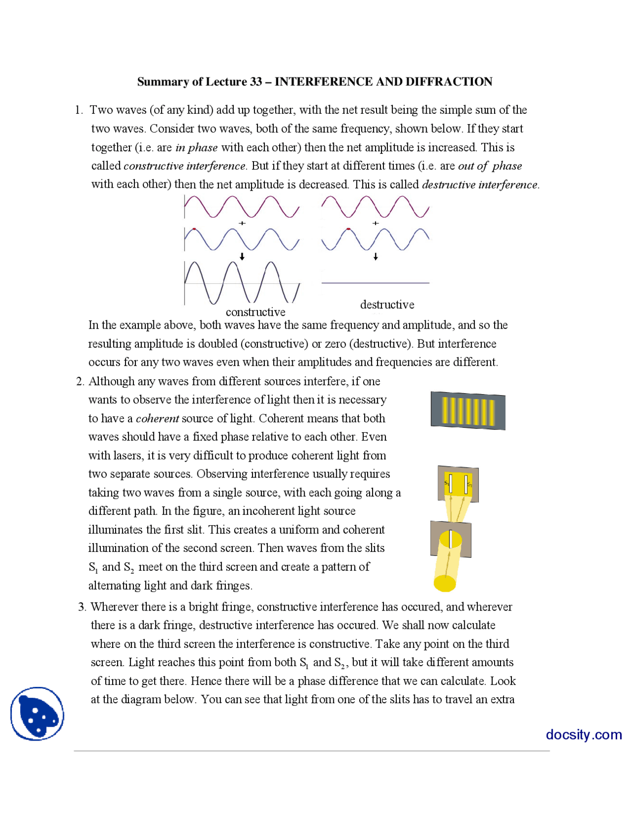 Interference And Diffraction Classical Physics Handouts Docsity