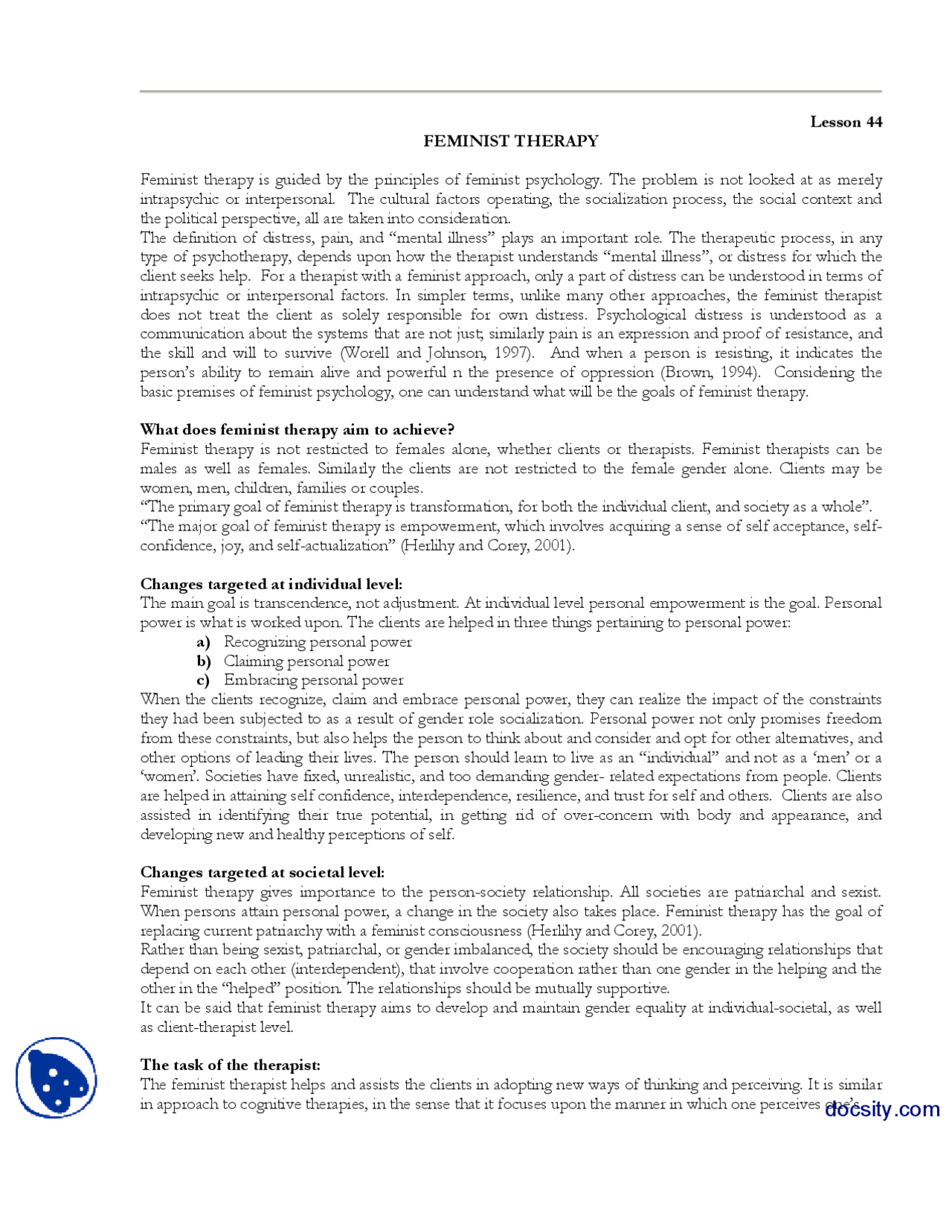 Feminist Therapy-Gender Psychology-Handouts - Docsity