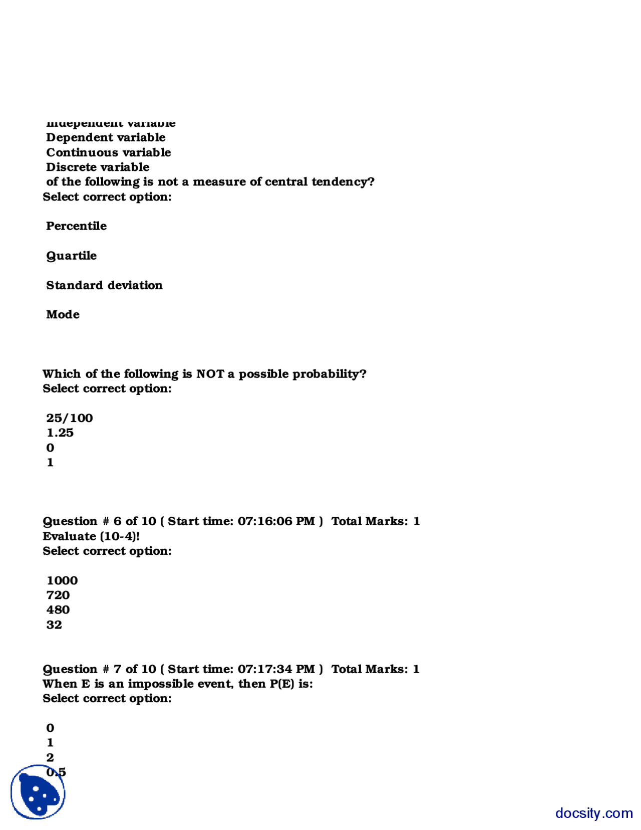Possible Probability-Statistics-Solved Quizes | Exams Statistics | Docsity