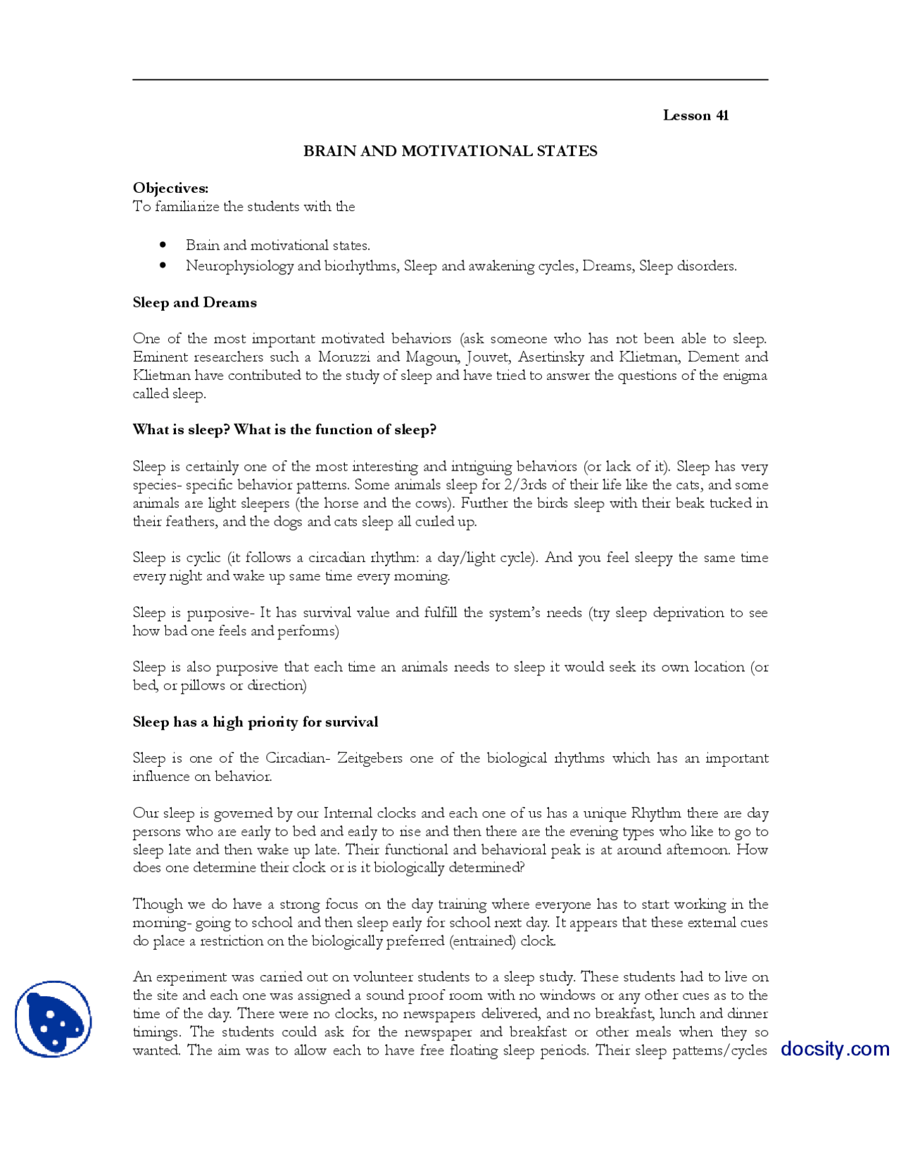 Brain And Motivational States 4 Neurological Basics Of Behaviour Handouts Docsity