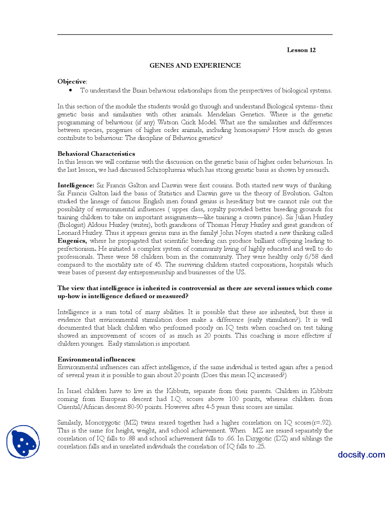 Genes And Experience 5 Neurological Basics Of Behaviour Handouts Docsity
