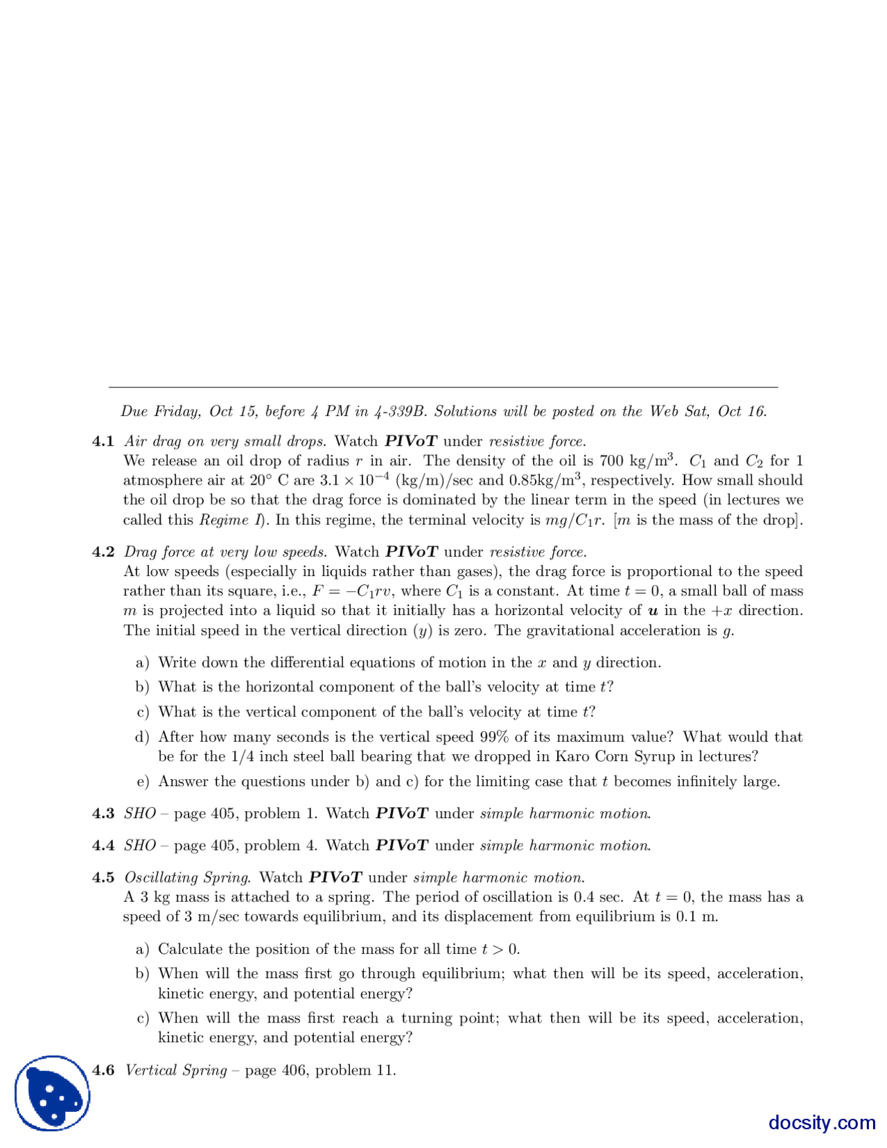 Drag Force Classical Physics Assignments Docsity
