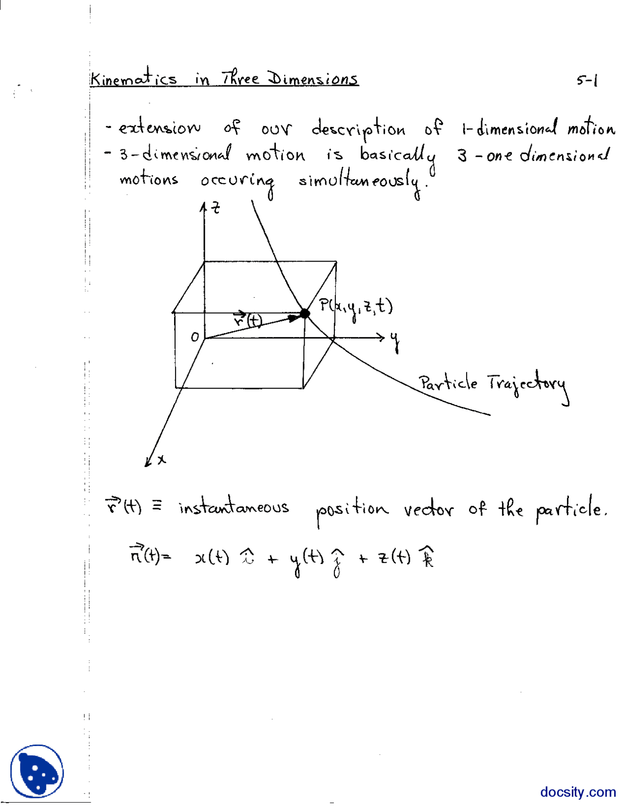Kinematics In 3d Physics Lecture Notes Docsity